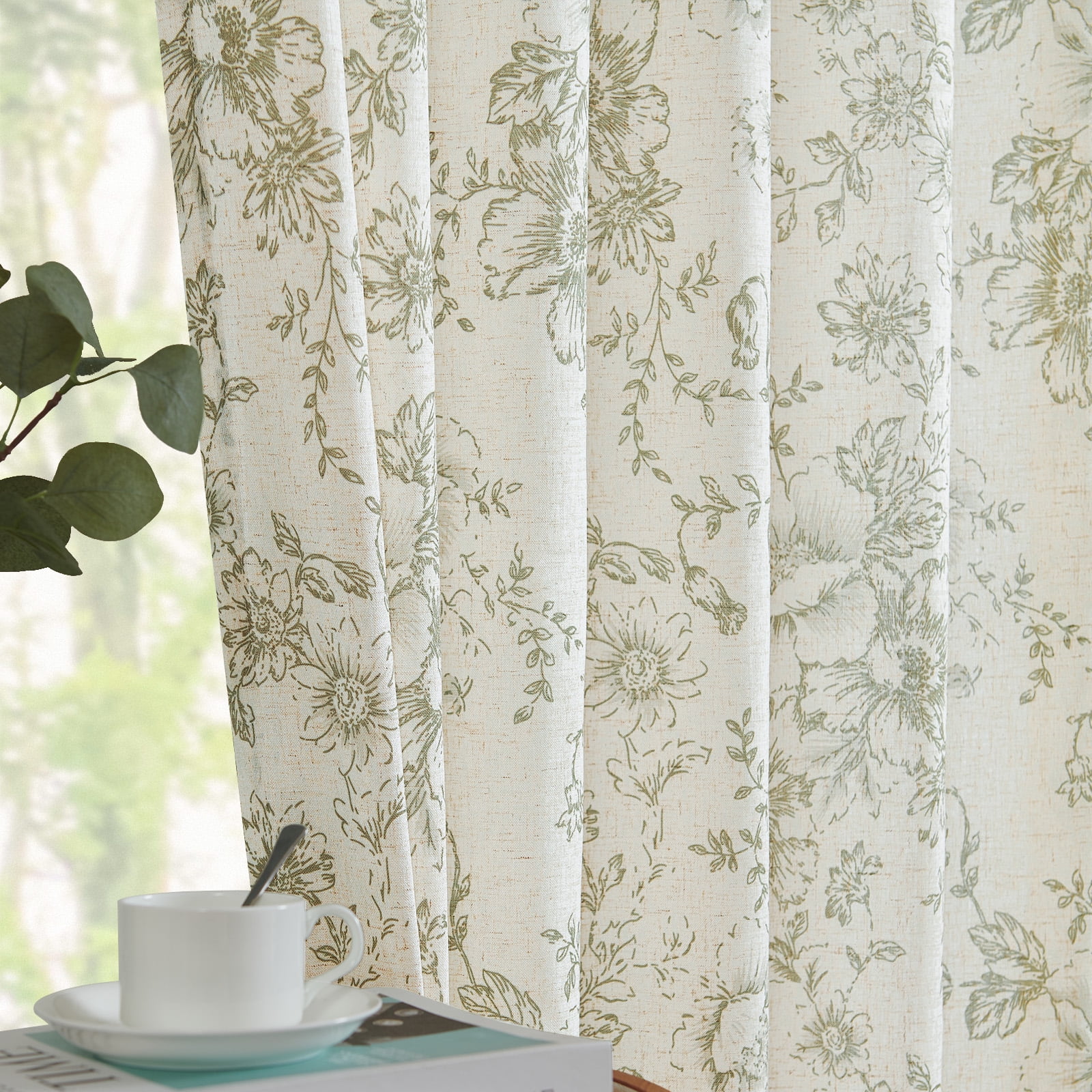 CURTAINKING Linen Curtains Floral Curtains for Living Room 90 Inch ...