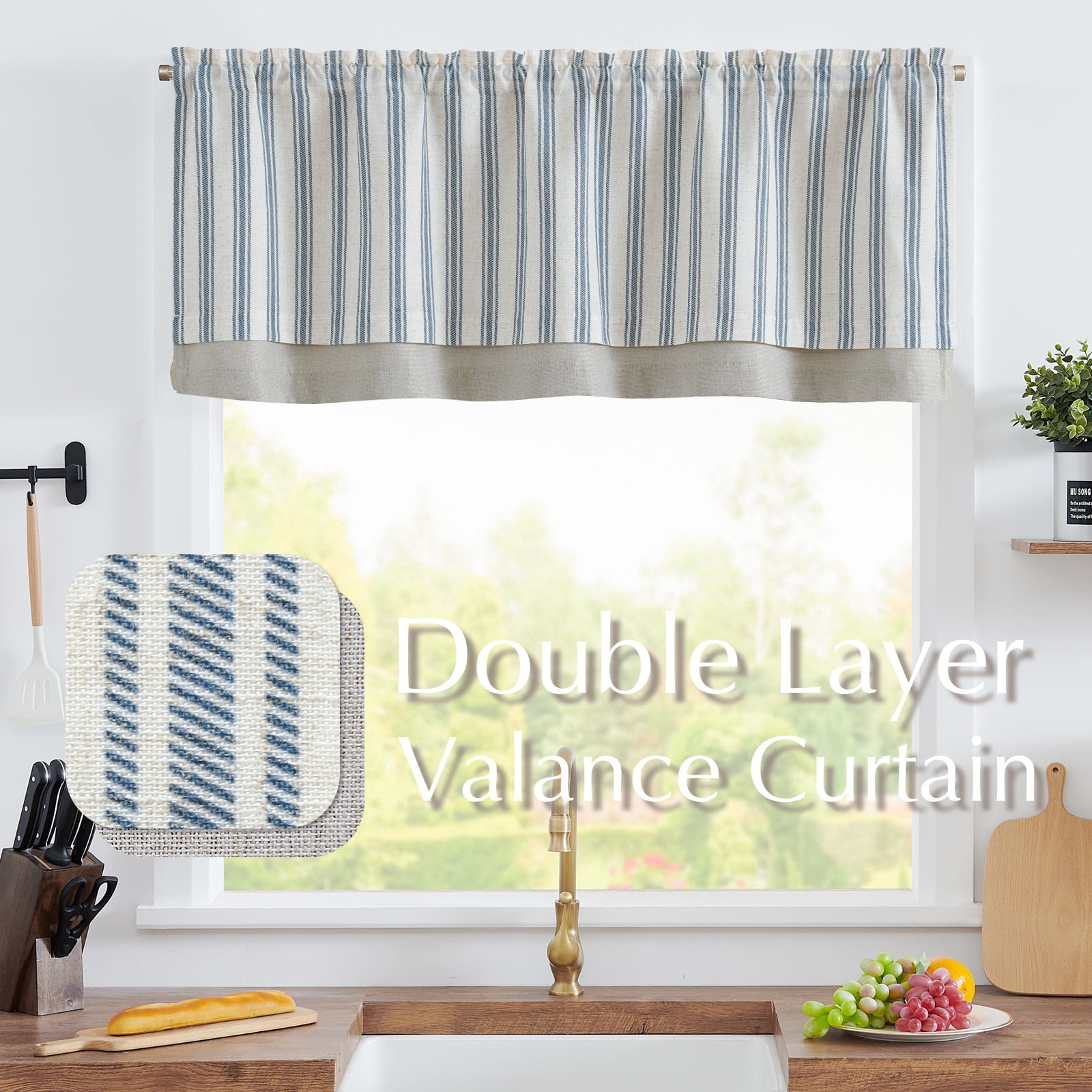 Curtainking Striped Valance Kitchen Valance for Windows Double Layer ...
