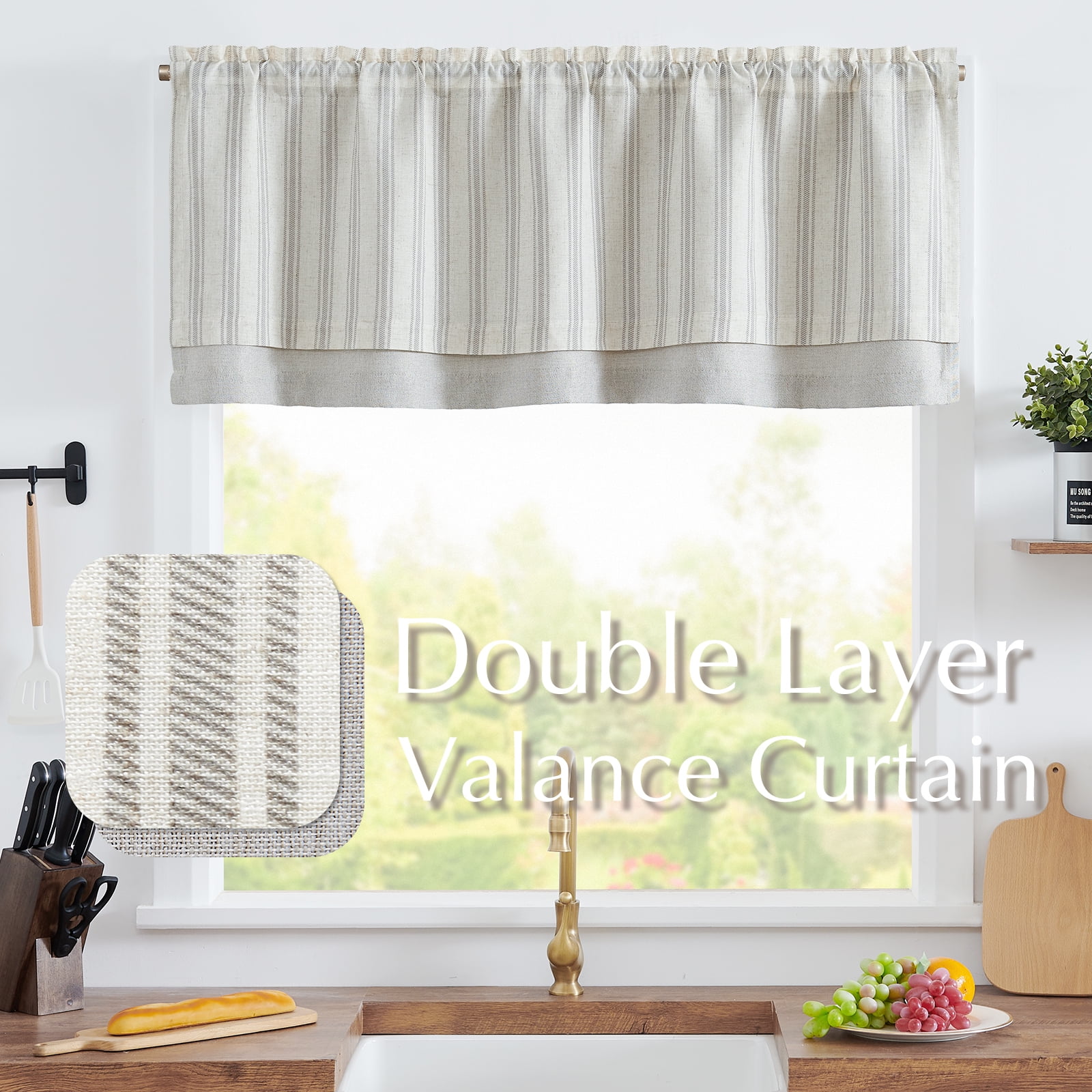 Curtainking Striped Valance Kitchen Valance for Windows Double Layer ...