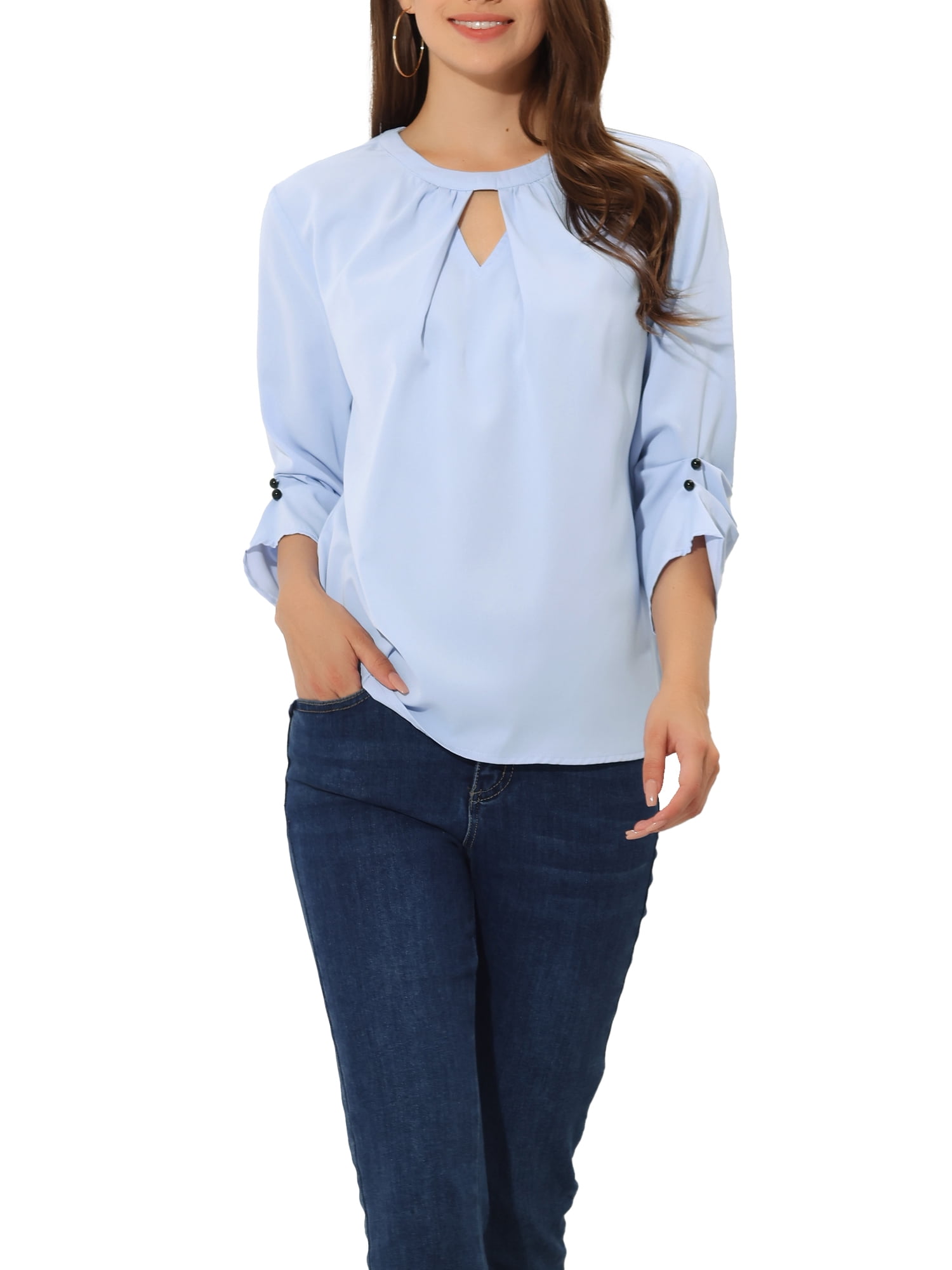 CURVOSPORT Women's Dressy Shirt Work Office Top Keyhole Pleated Front ...