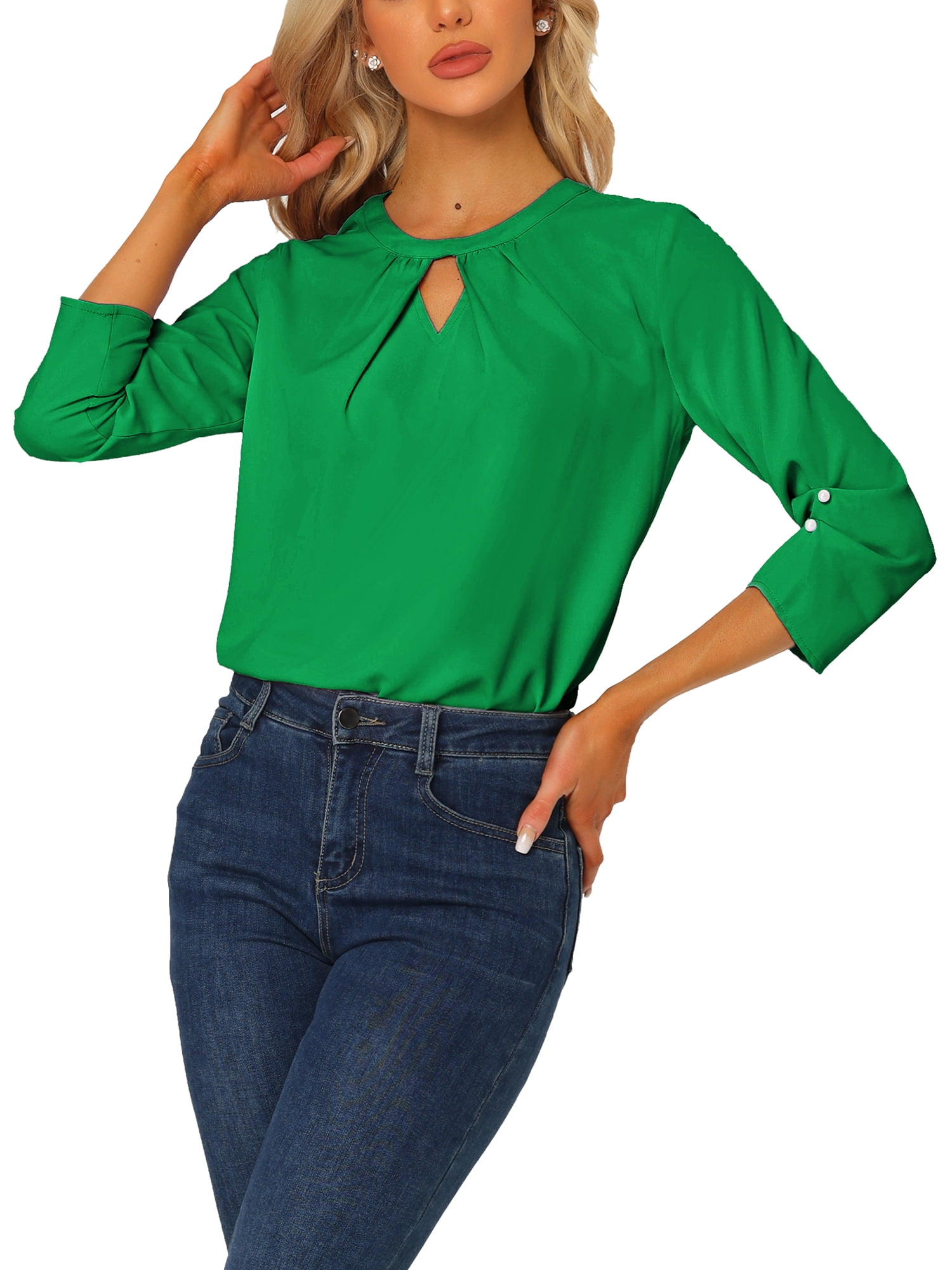 CURVOSPORT Women's Dressy Shirt Work Office Top Keyhole Pleated Front ...