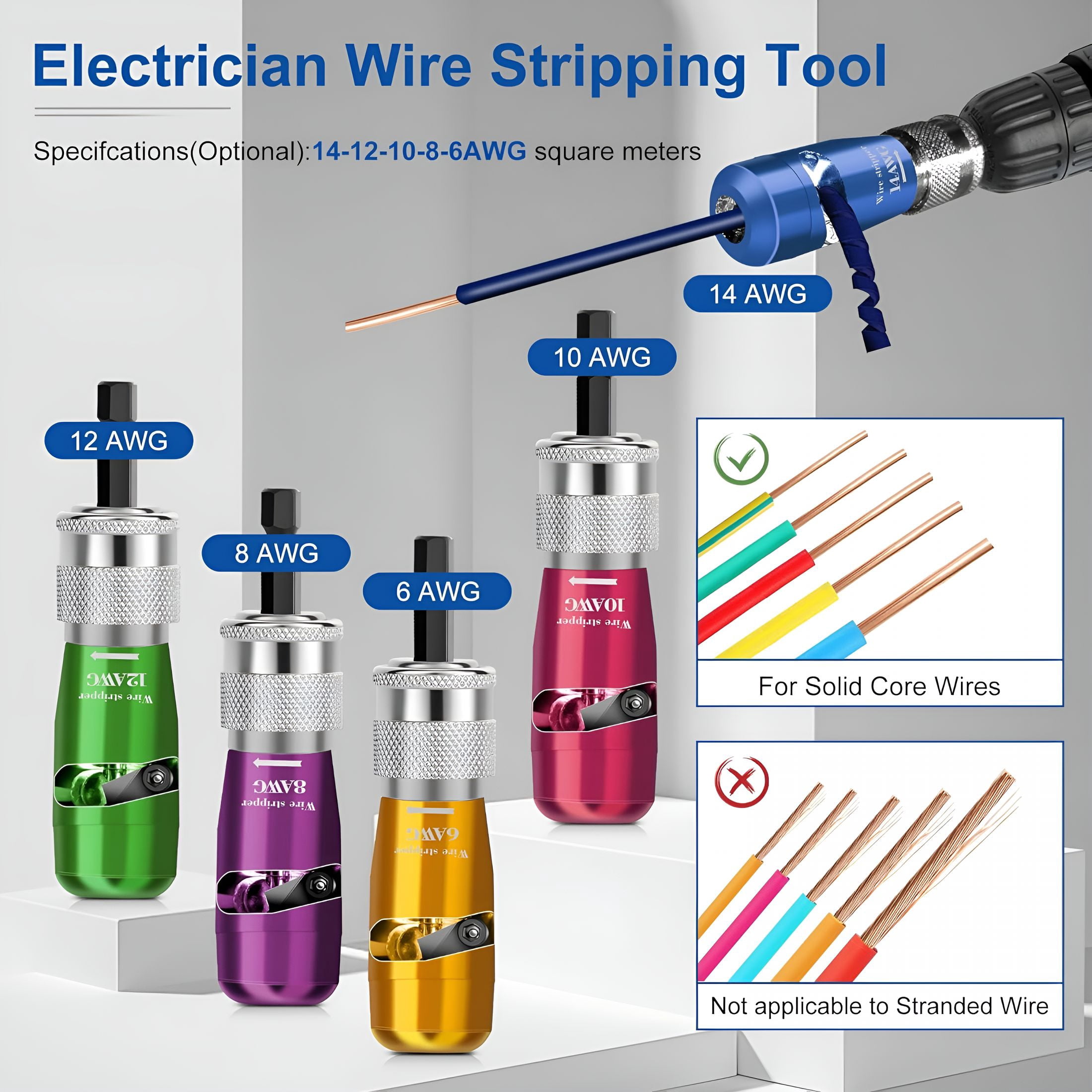 CURYMAY Wire Stripper Awg 14-12-10-8-6 Gauge for Drill,Wire Stripper ...