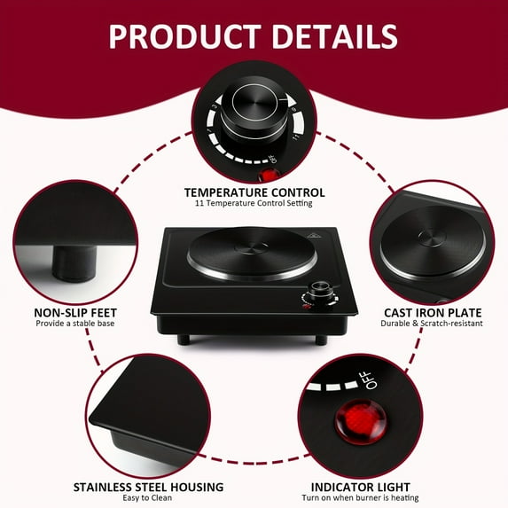 CUSI MAX Hot Plate with 7.4in & 6.1in Cast Iron Burners, Adjustable Temp Control for Daily Home ...