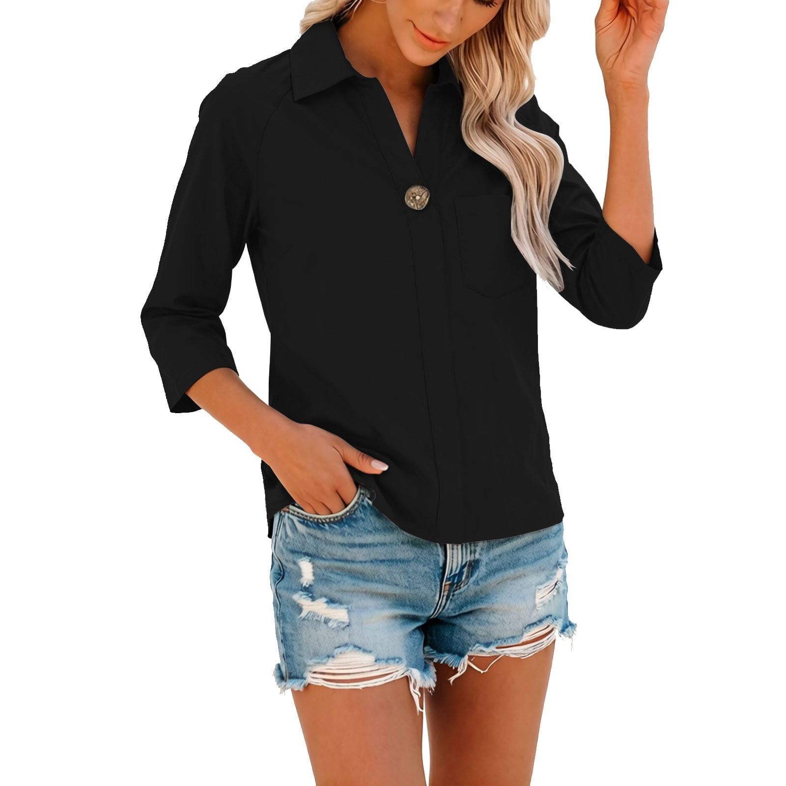 CUSTG Casual Blouses For Women Simple Solid Color 3/4 Sleeve Summer ...