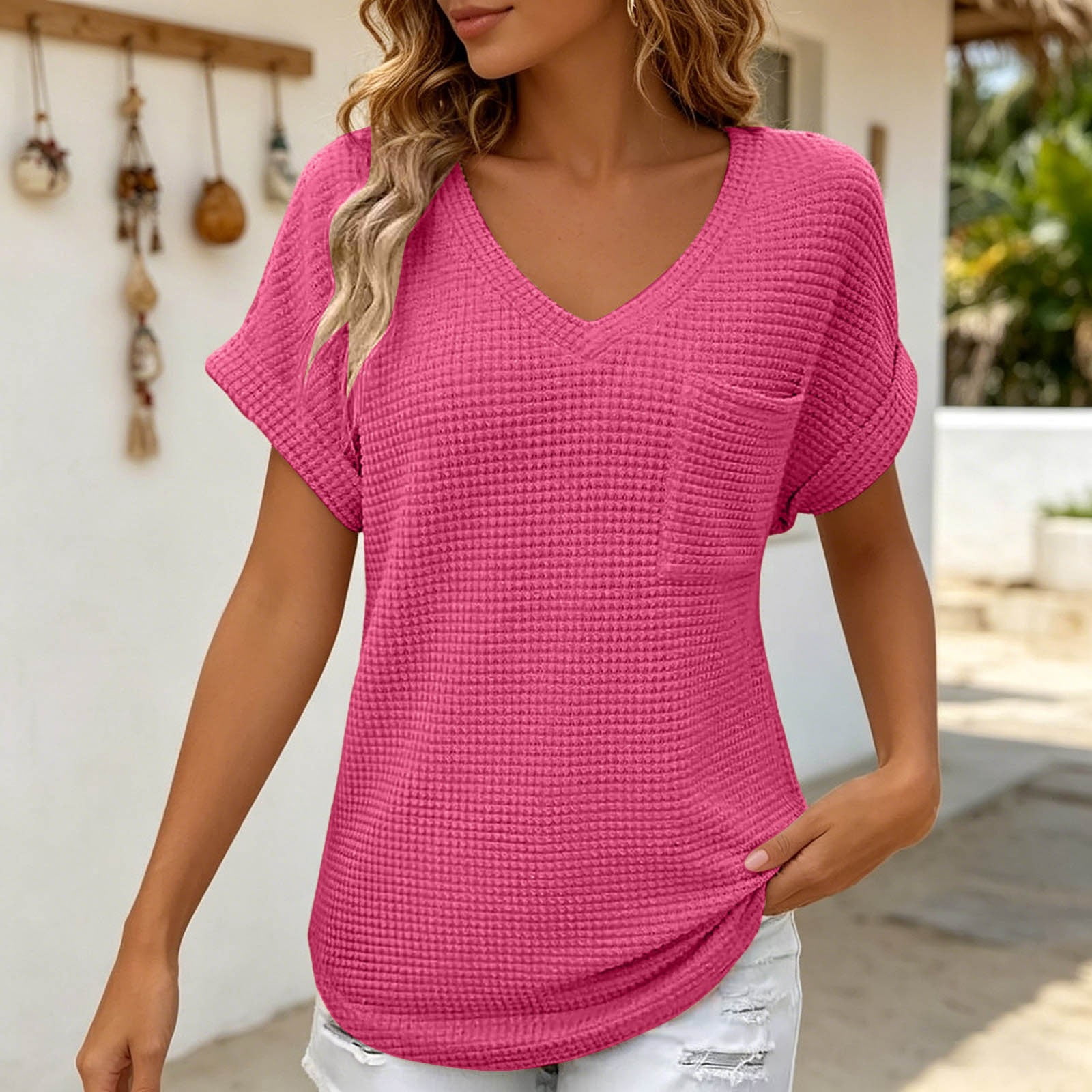 CUSTG Casual Blouses For Women Simple Summer Short Sleeve Pocket Tee ...