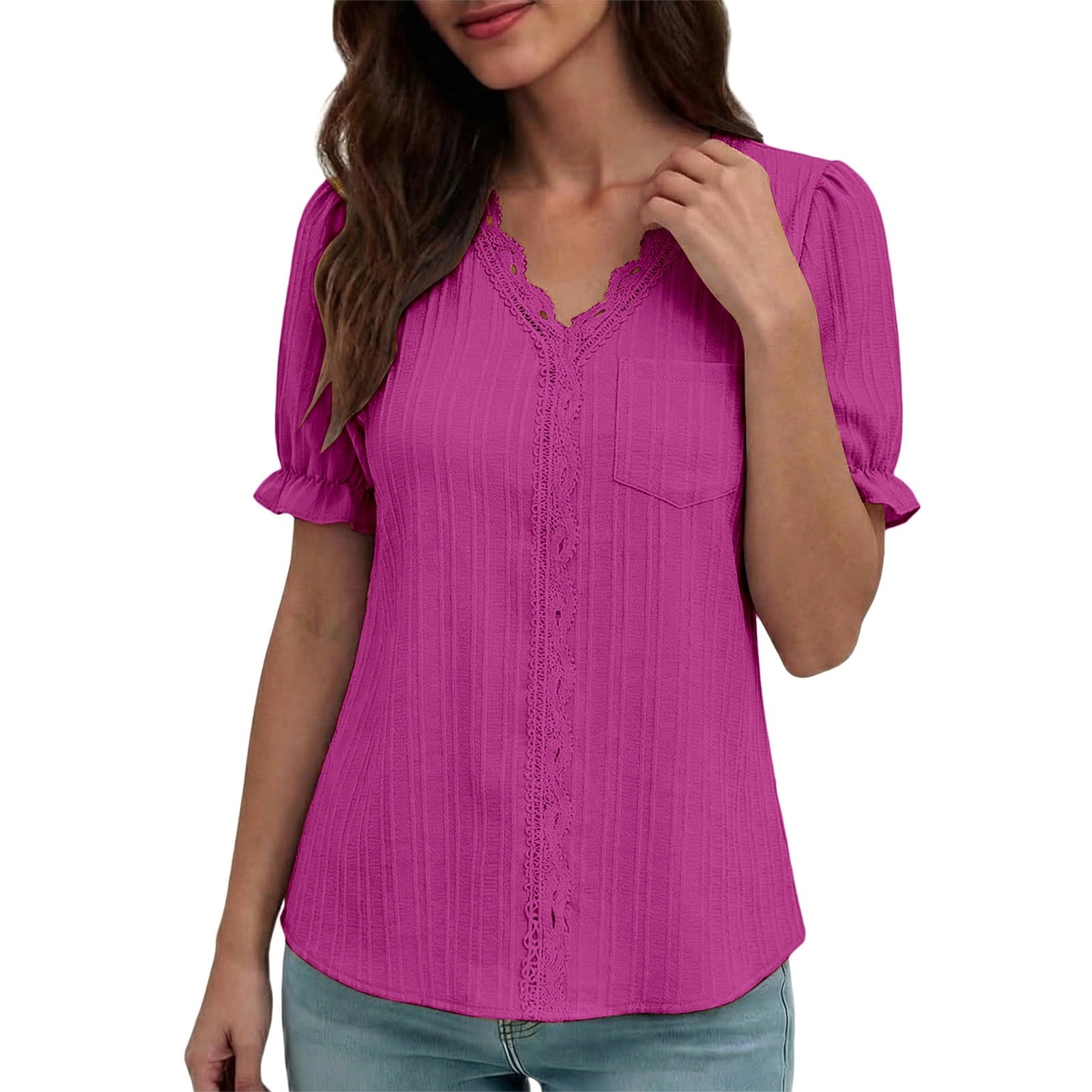 CUSTG Casual Blouses For Women Simple V-Neck Solid Color Summer Short ...