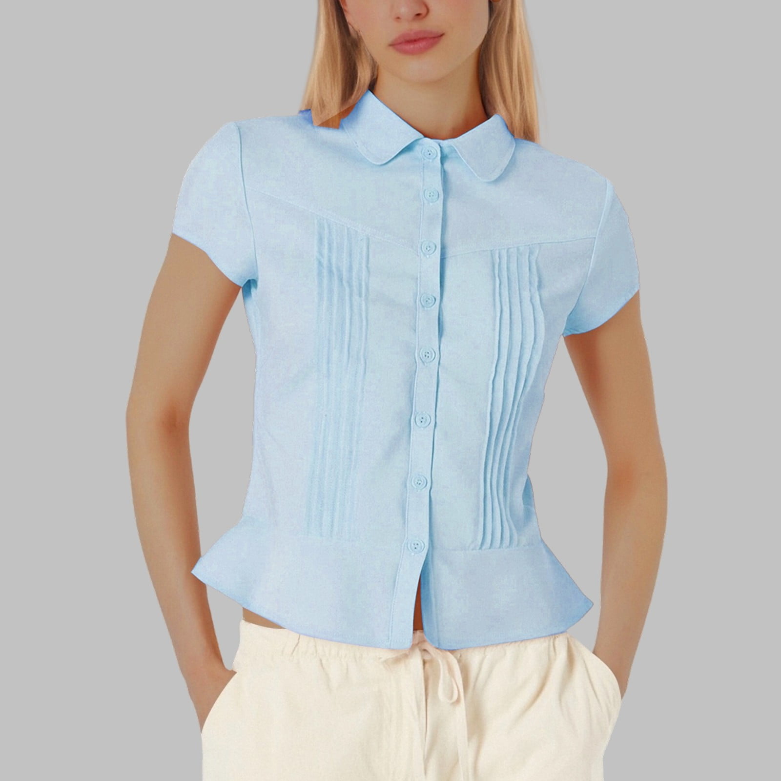 CUSTG Casual Blouses For Women Summer Short Sleeve Blouse Pure Color ...