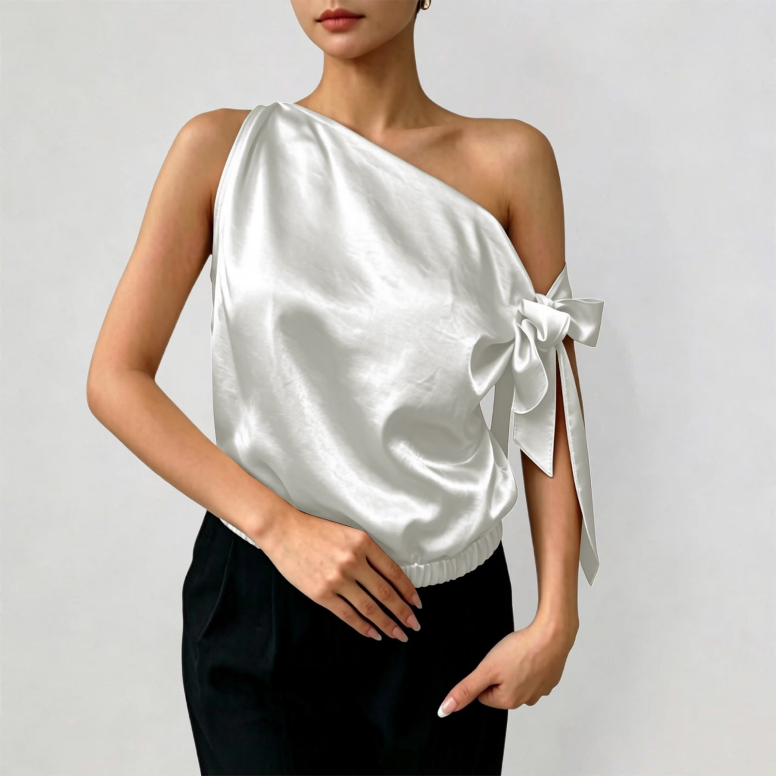 CUSTG Casual Blouses For Women Summer Solid Color Satin Short Sleeve ...
