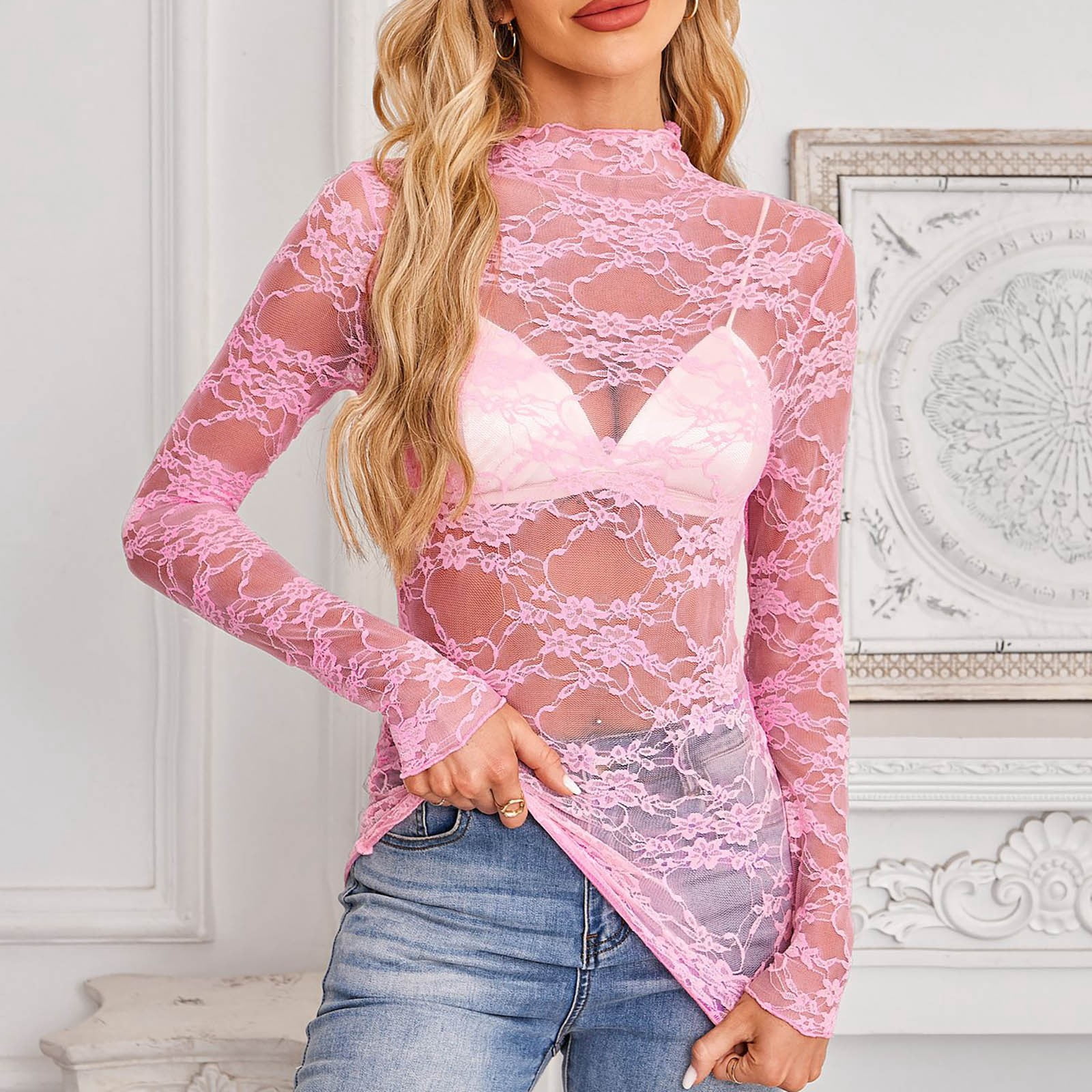 CUSTG Casual Shirts For Women Simple Solid Color Summer Mesh Layering ...