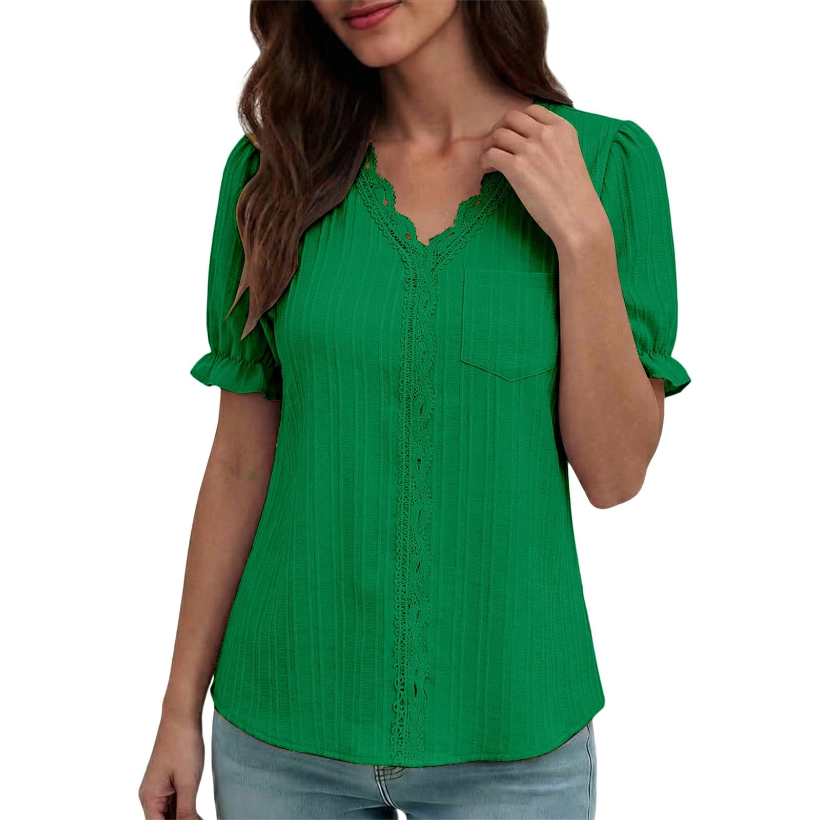 CUSTG Casual Shirts For Women Simple V-Neck Solid Color Summer Short ...