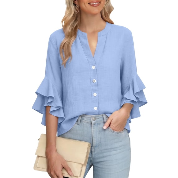 CUSTG Casual Shirts For Women Summer Solid Color Ruffled 3/4 Sleeve ...