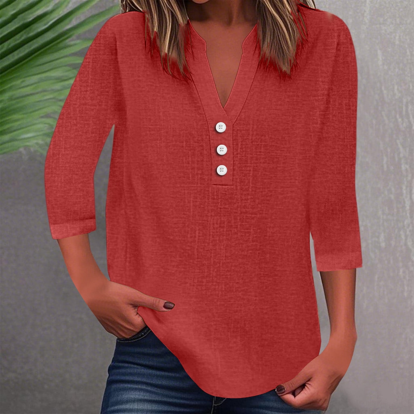 CUSTG Casual Shirts For Women Summer Solid Color V Neck Button Up 3/4 ...