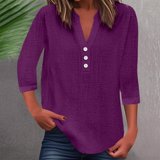 CUSTG Casual Shirts For Women Summer Solid Color V Neck Button Up 3/4 ...