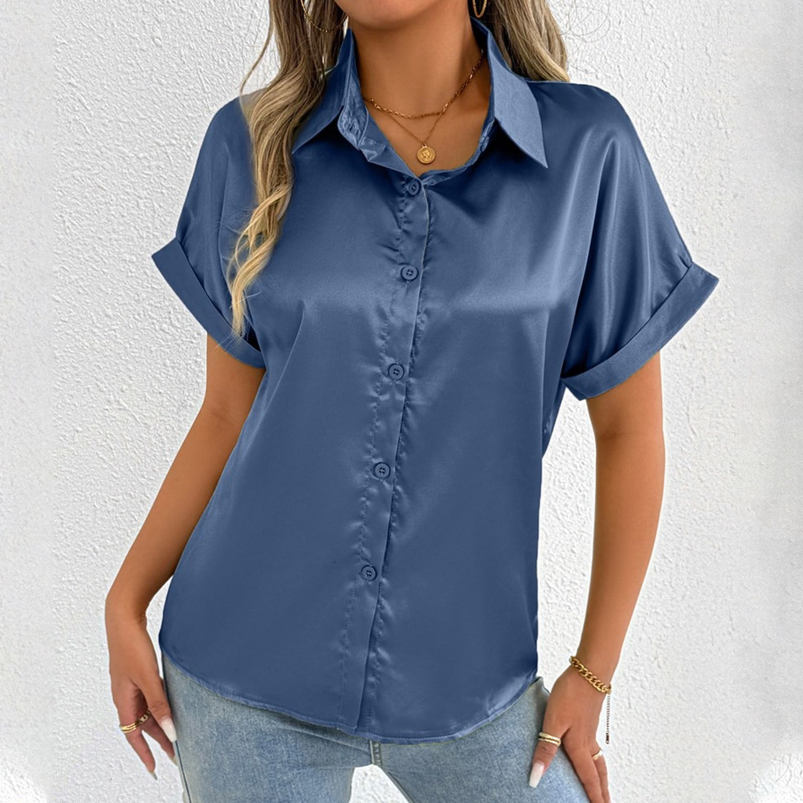CUSTG Casual Shirts For Women Simple Solid Color Men's V Neck Button ...