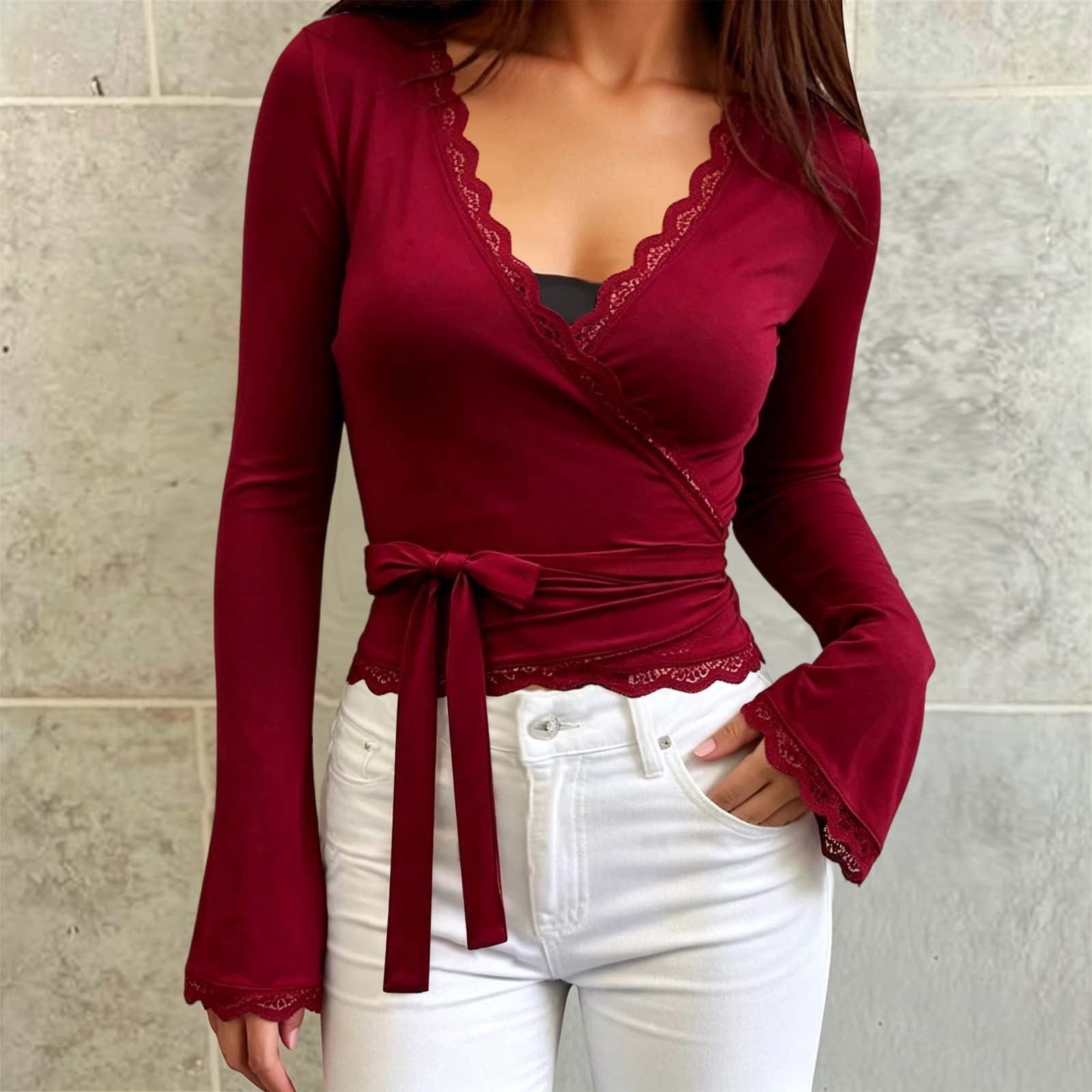 CUSTG Casual Shirts For Women Summer Elegant Lace Trim Solid Color Long ...