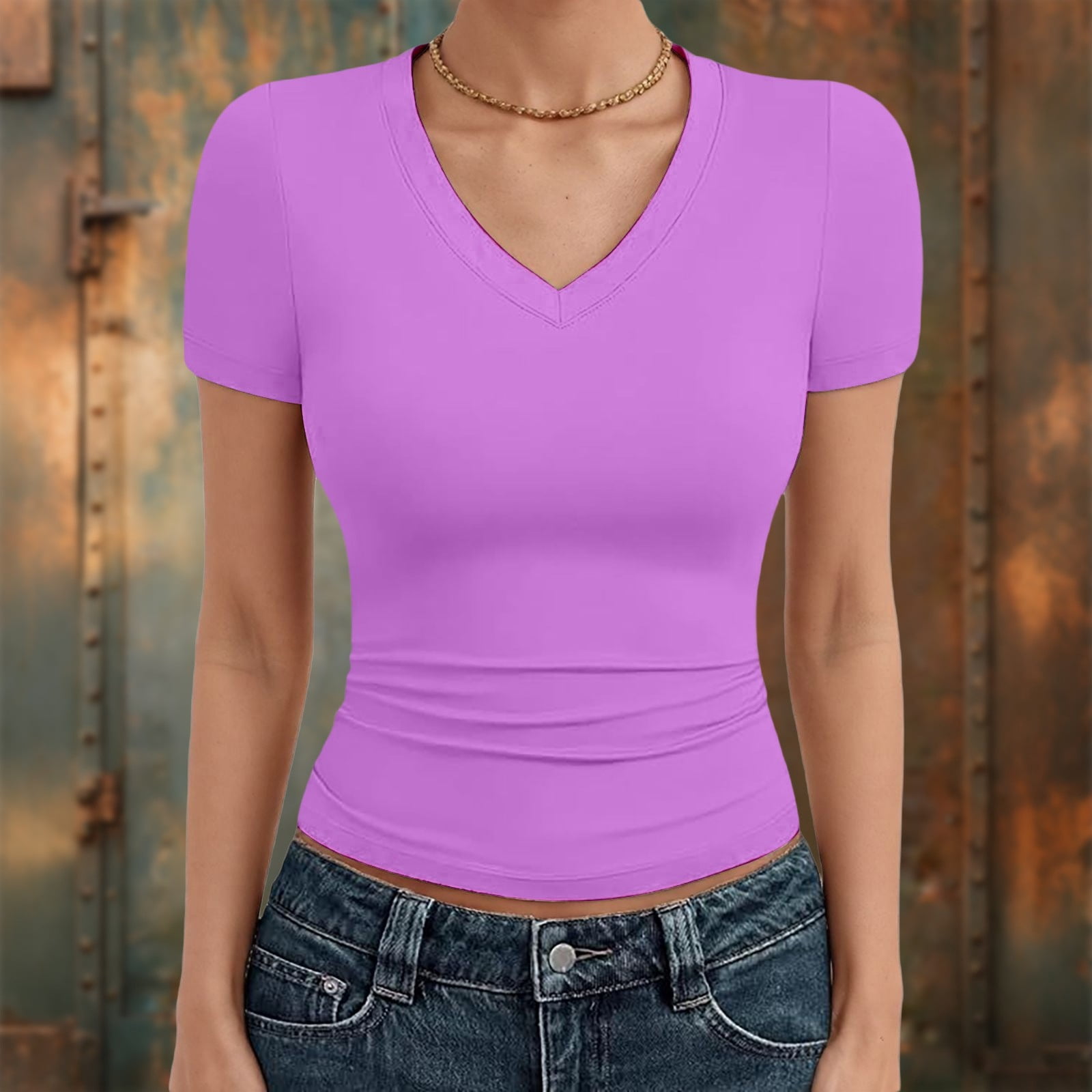CUSTG Casual T-Shirts For Women Simple Solid Color Short Sleeve Crew ...