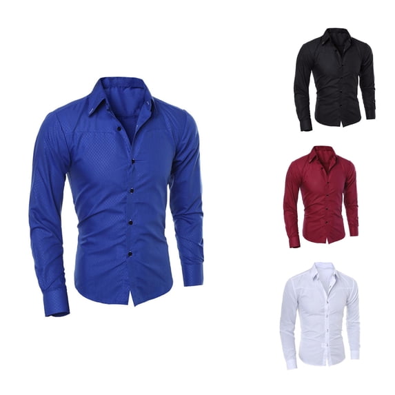 CUSTG Men Blouse Dress Shirt Formal Stretch Long Sleeve Slim Fit Button ...