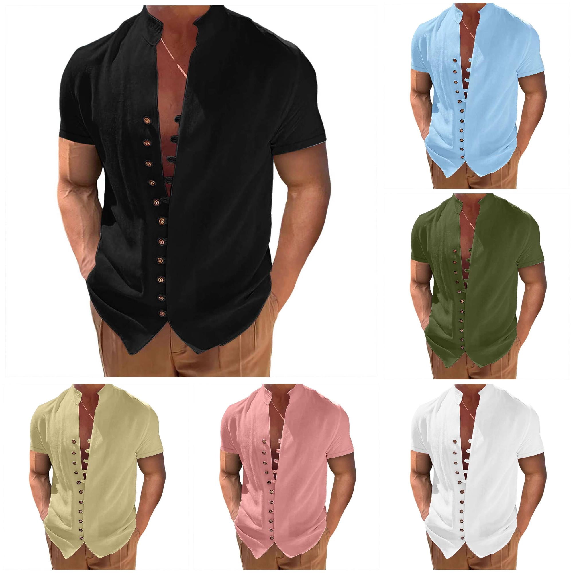 CUSTG Men Blouse Short Sleeve Stand Collar Summer Comfort Casual Shirt ...