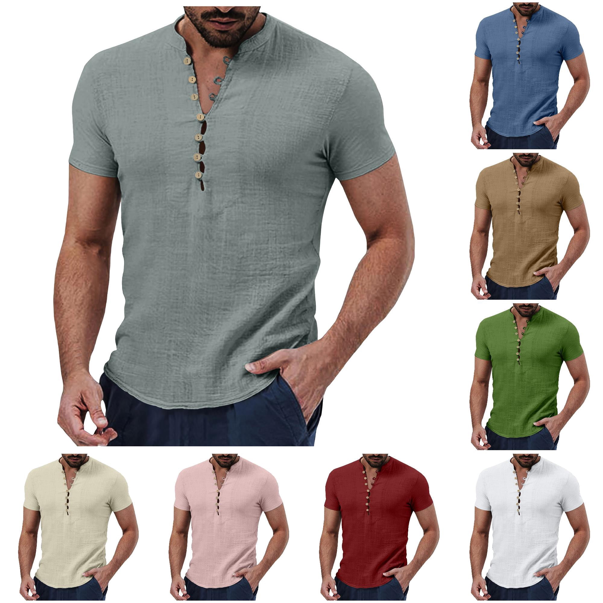 CUSTG Men Blouse Short Sleeve T Shirt Casual Solid Color Holiday Shirts ...
