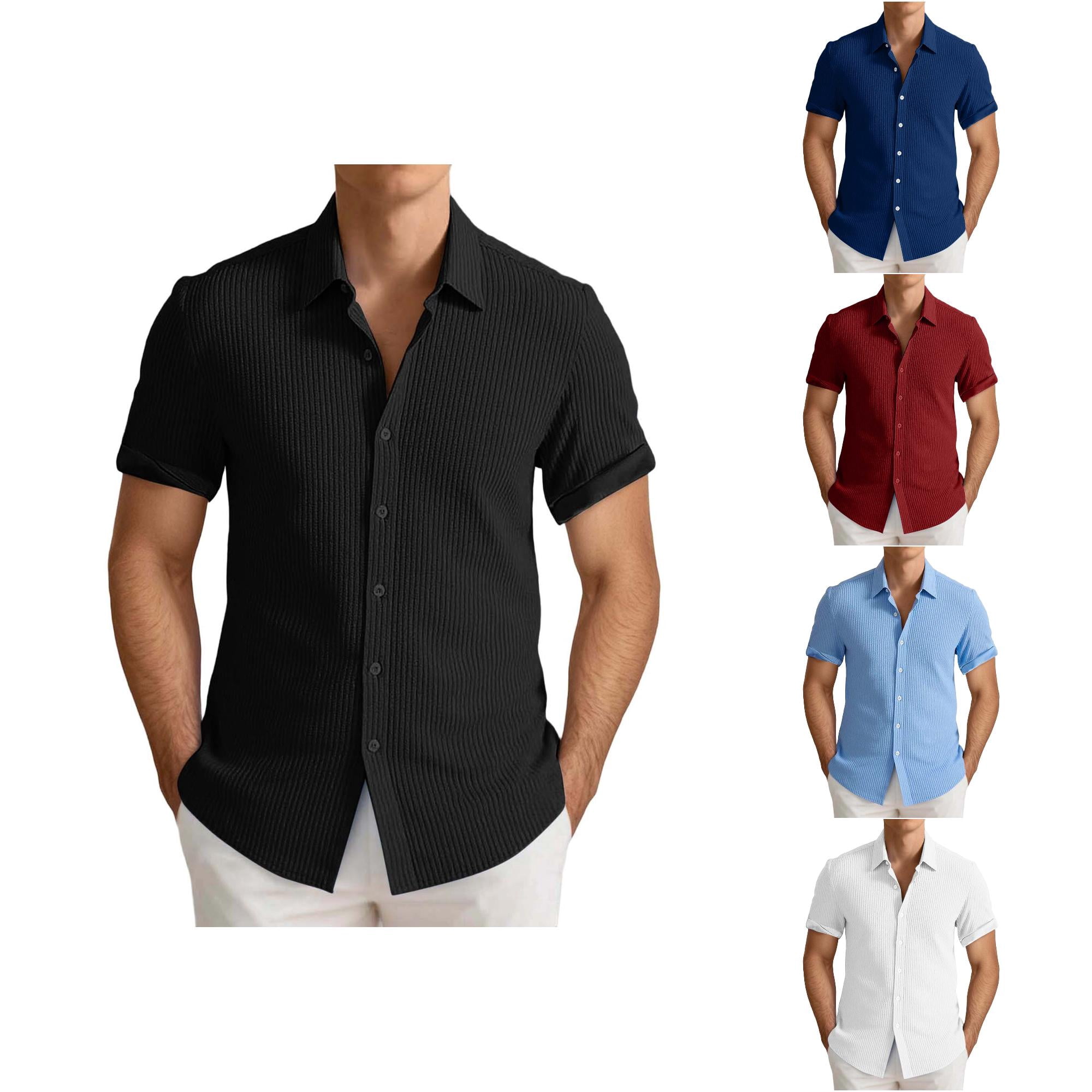 CUSTG Men Blouse Slim Fit Casual Shirt Breathable Summer Button Down ...