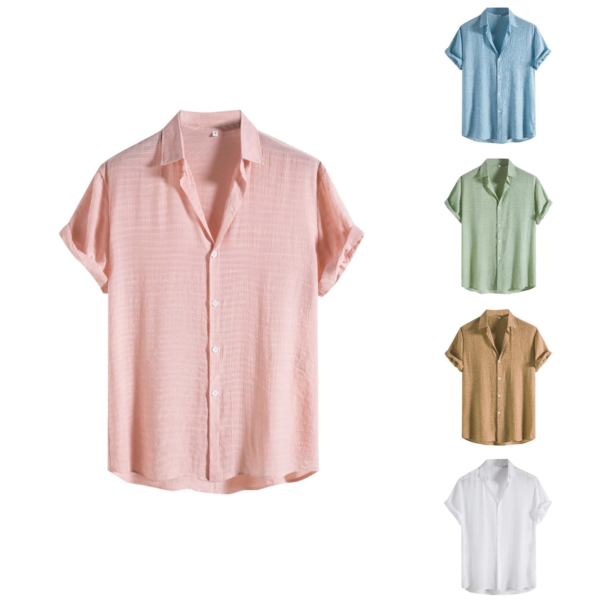 CUSTG Men Blouse Solid Color Jacquard Striped Shirt Pure Short Sleeve ...