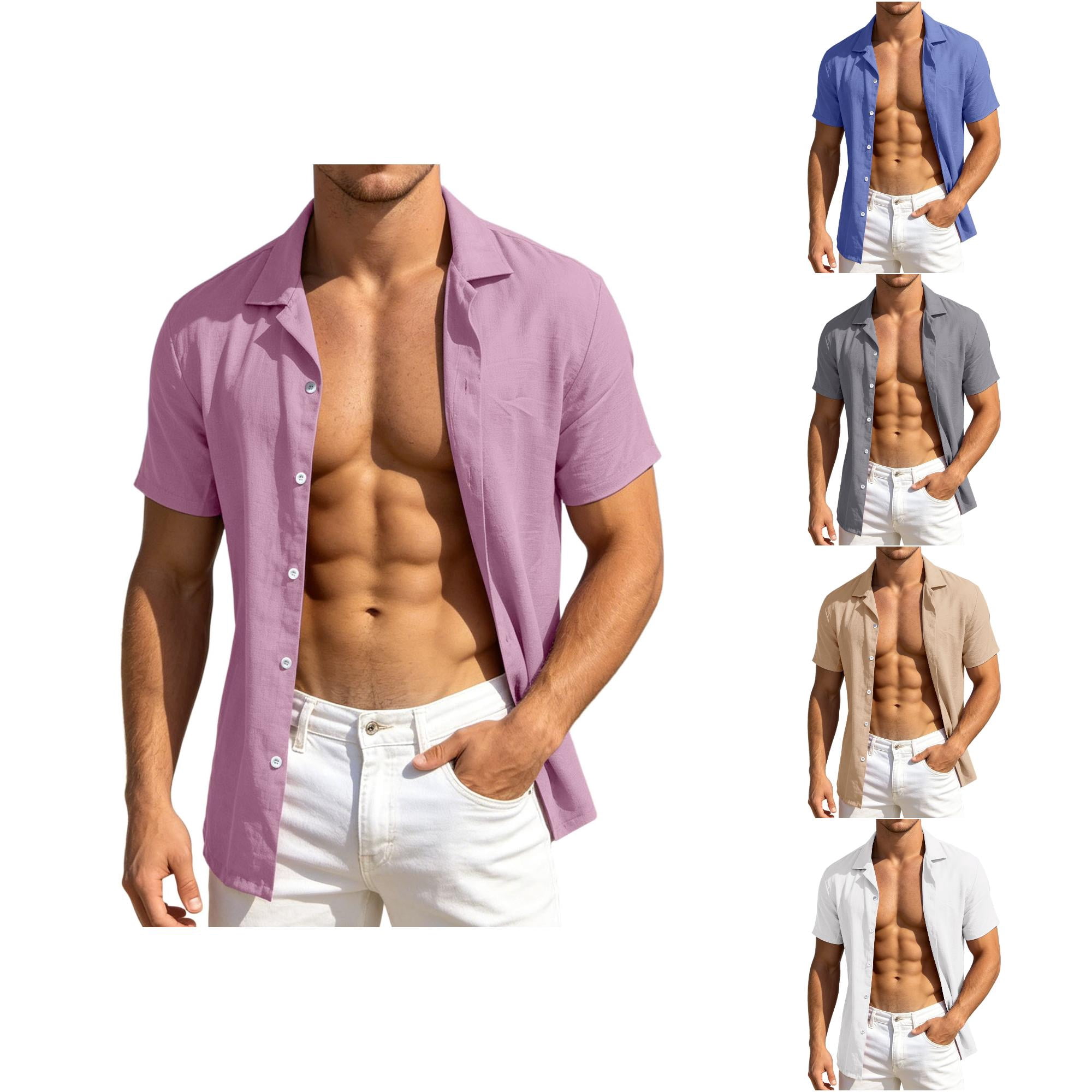 CUSTG Men Blouse Solid Color Summer Beach Short Sleeve Shirts Casual ...