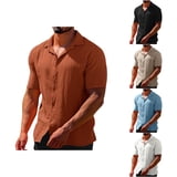 CUSTG Men Blouse Summer Casual Lapel Solid Color Short Sleeve Button ...