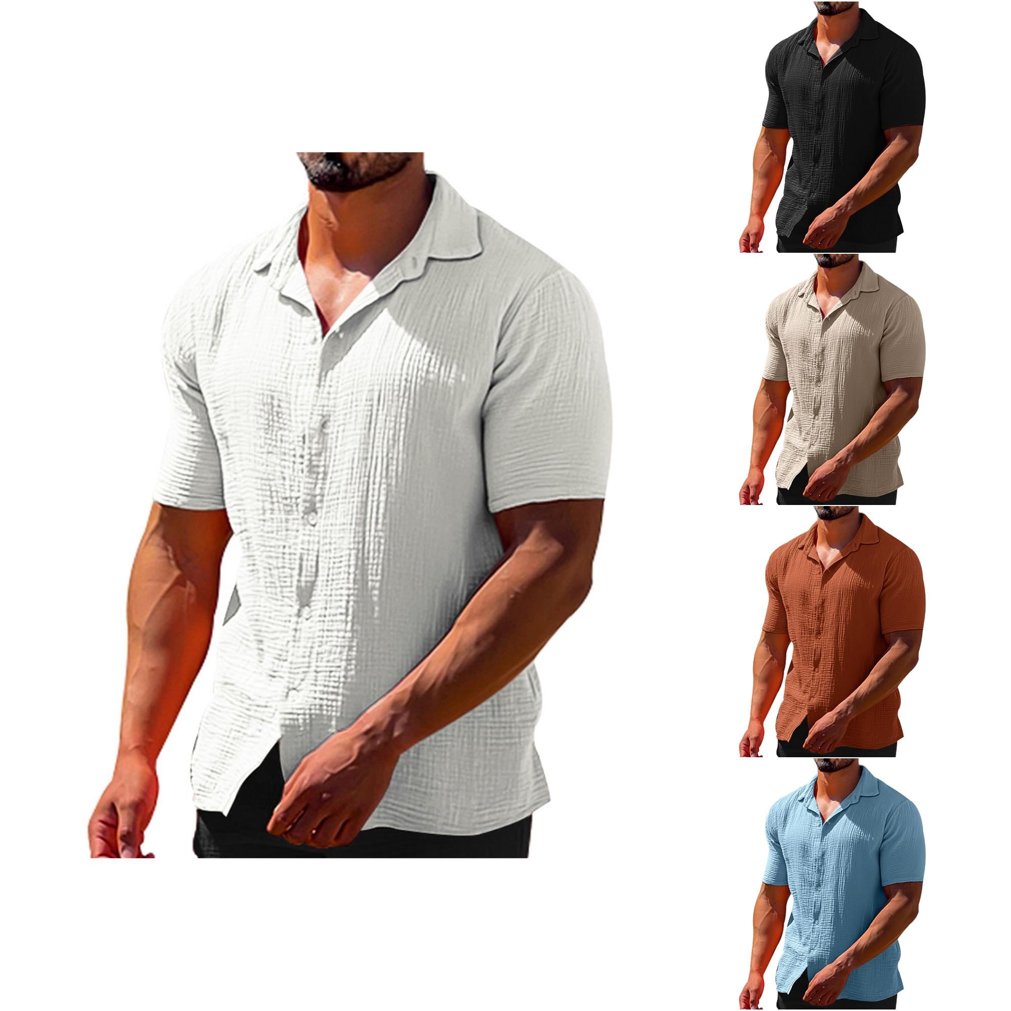 CUSTG Men Blouse Summer Casual Lapel Solid Color Short Sleeve Button ...