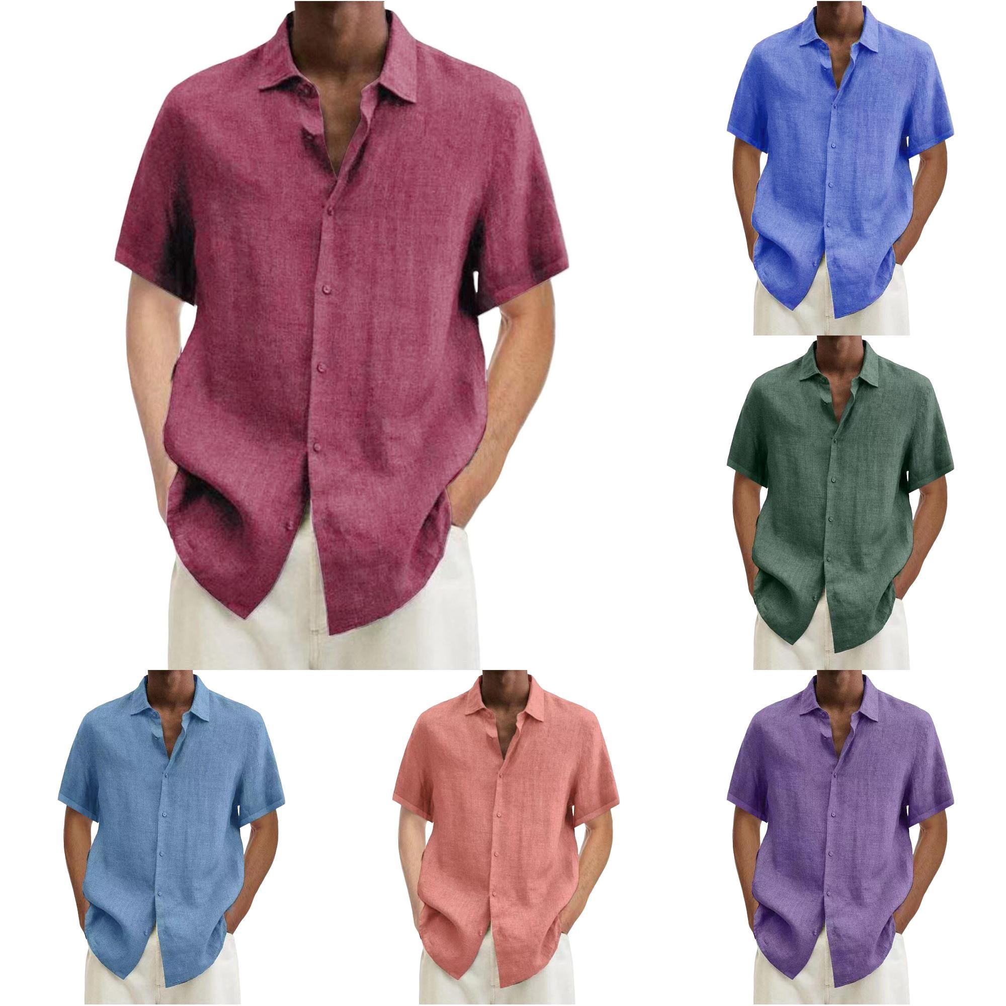 CUSTG Men Blouse Summer Hawaii Solid Color Short Sleeve Double Pocket ...