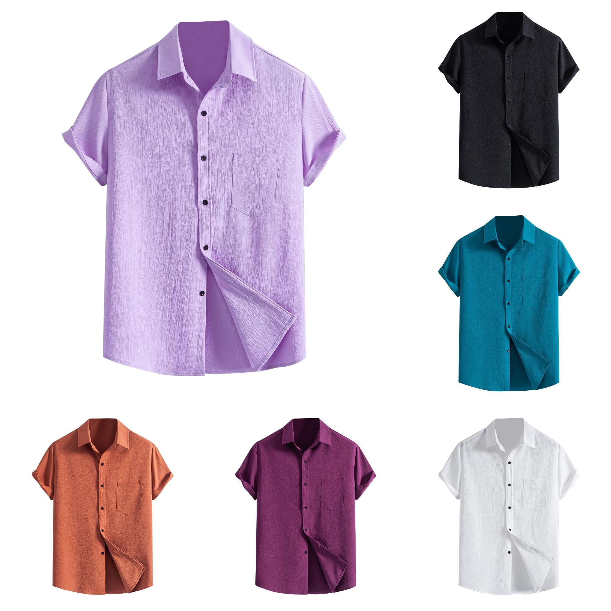 CUSTG Men Blouse Summer Hawaii Solid Color Short Sleeve Pocket Turndown ...
