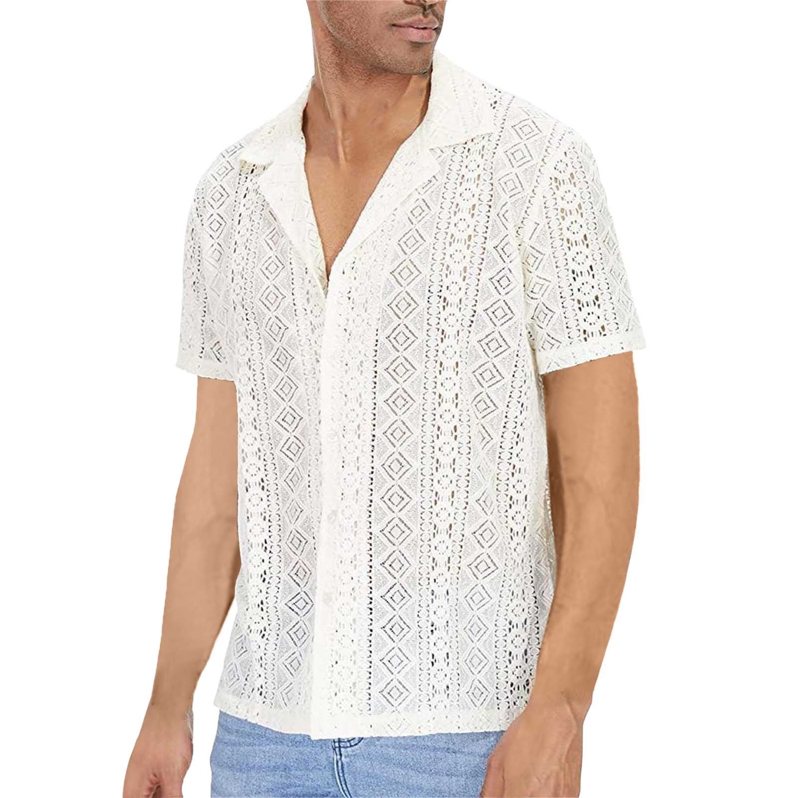 CUSTG Men Blouse Summer Personality Solid Color Lace Short Sleeve Loose ...