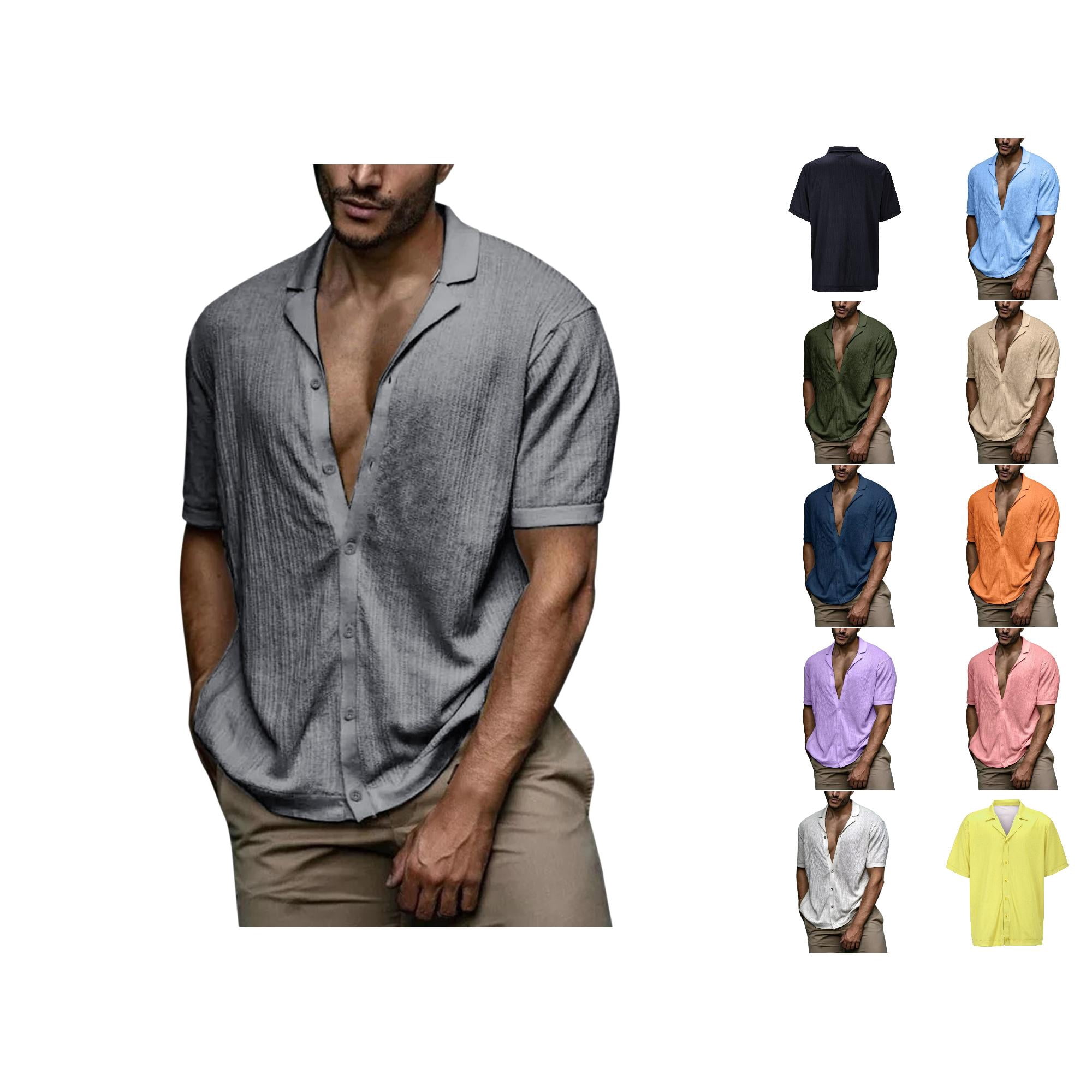 CUSTG Men Blouse Summer Solid Color Soft Fabric Short Sleeve Simple ...