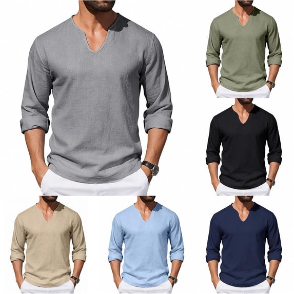 CUSTG Men Tshirts Loose Fit Casual Shirt V-Neck Long Sleeve Comfortable ...