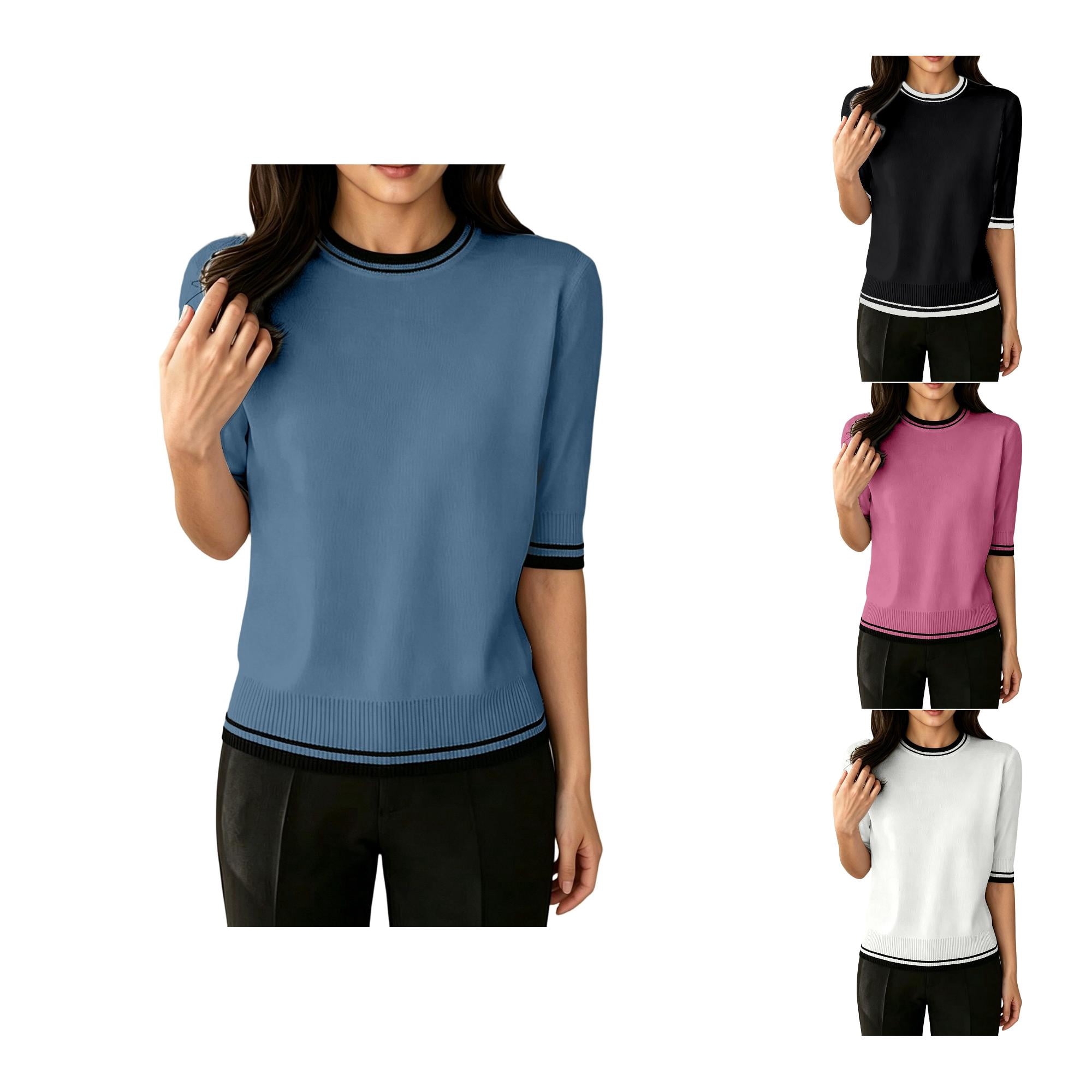 CUSTG Women Blouses Solid Color Elegant Knit Color Round Neck Short ...