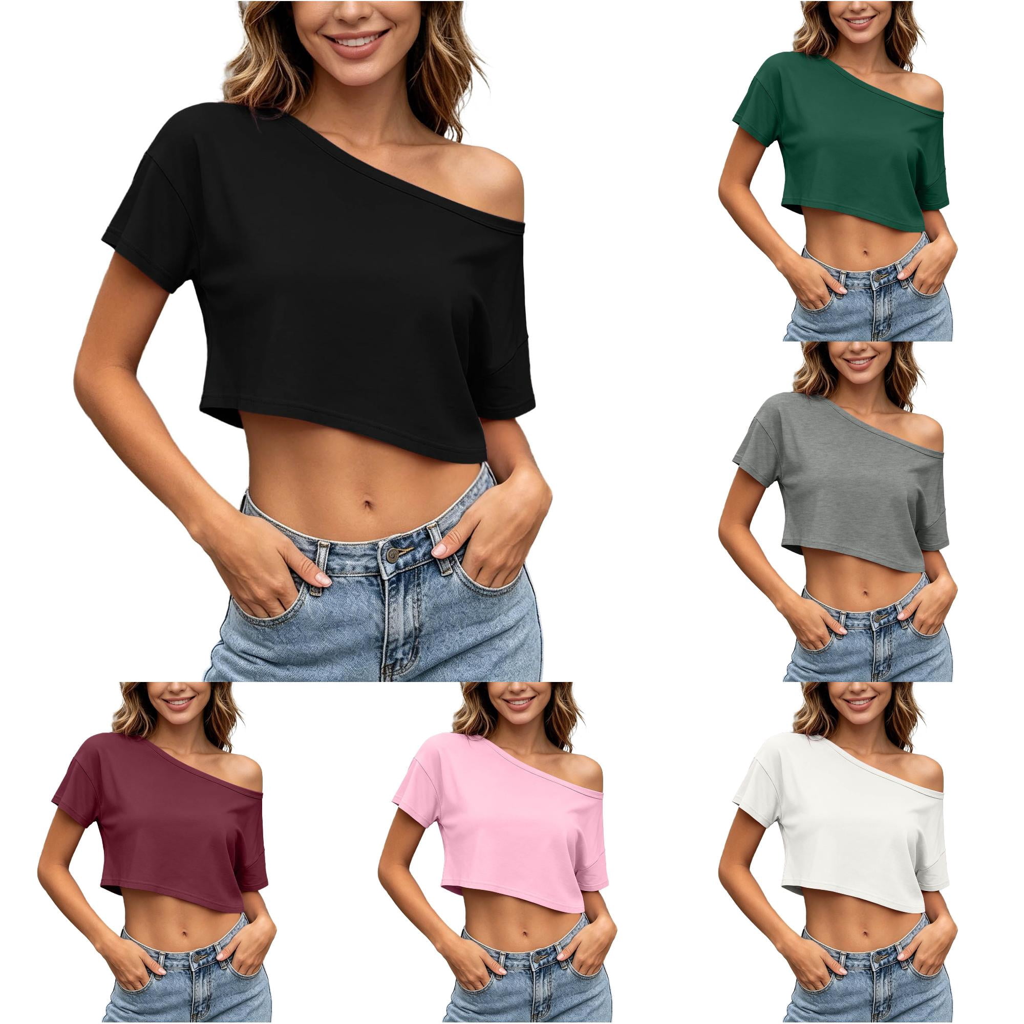 CUSTG Women Blouses Solid Color Elegant Off Shoulder Cropped Tee For ...