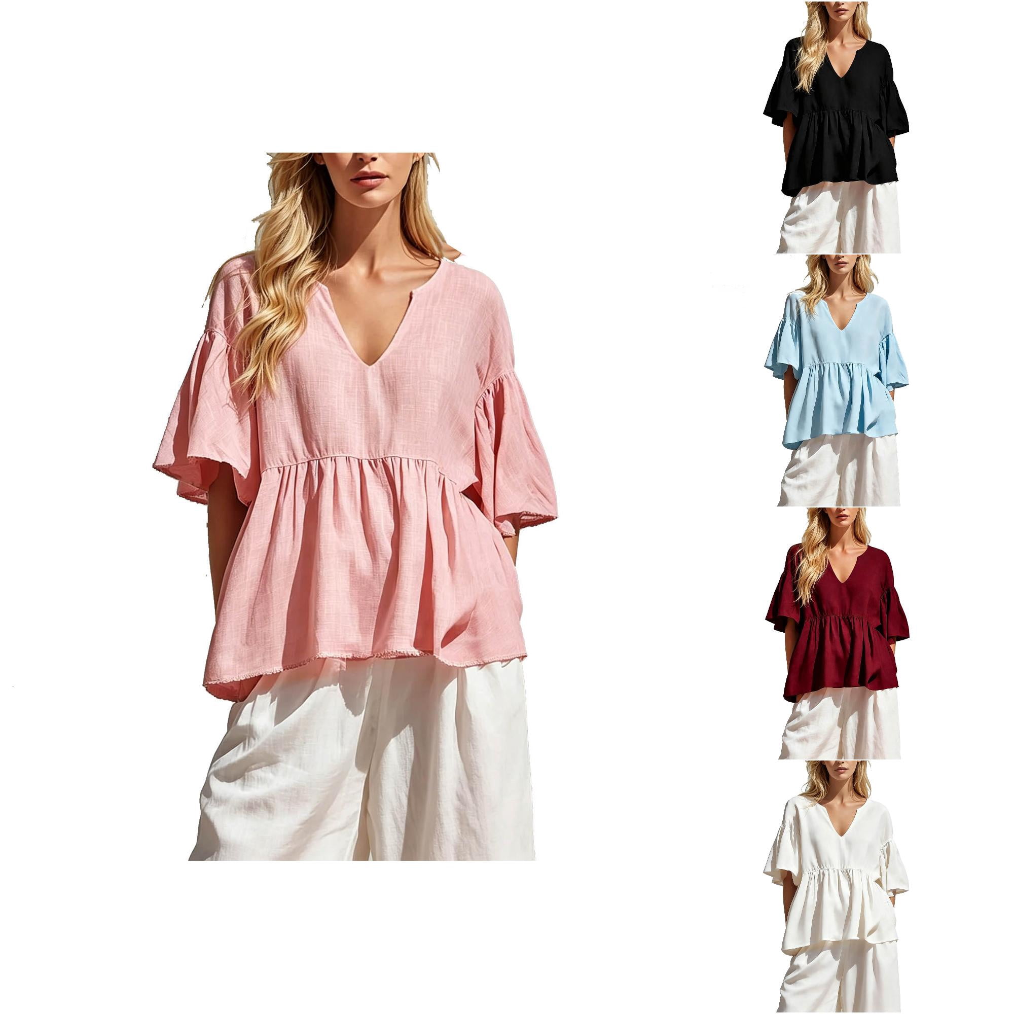 CUSTG Women Blouses Solid Color Relaxed Blouse With Ruffle Short ...