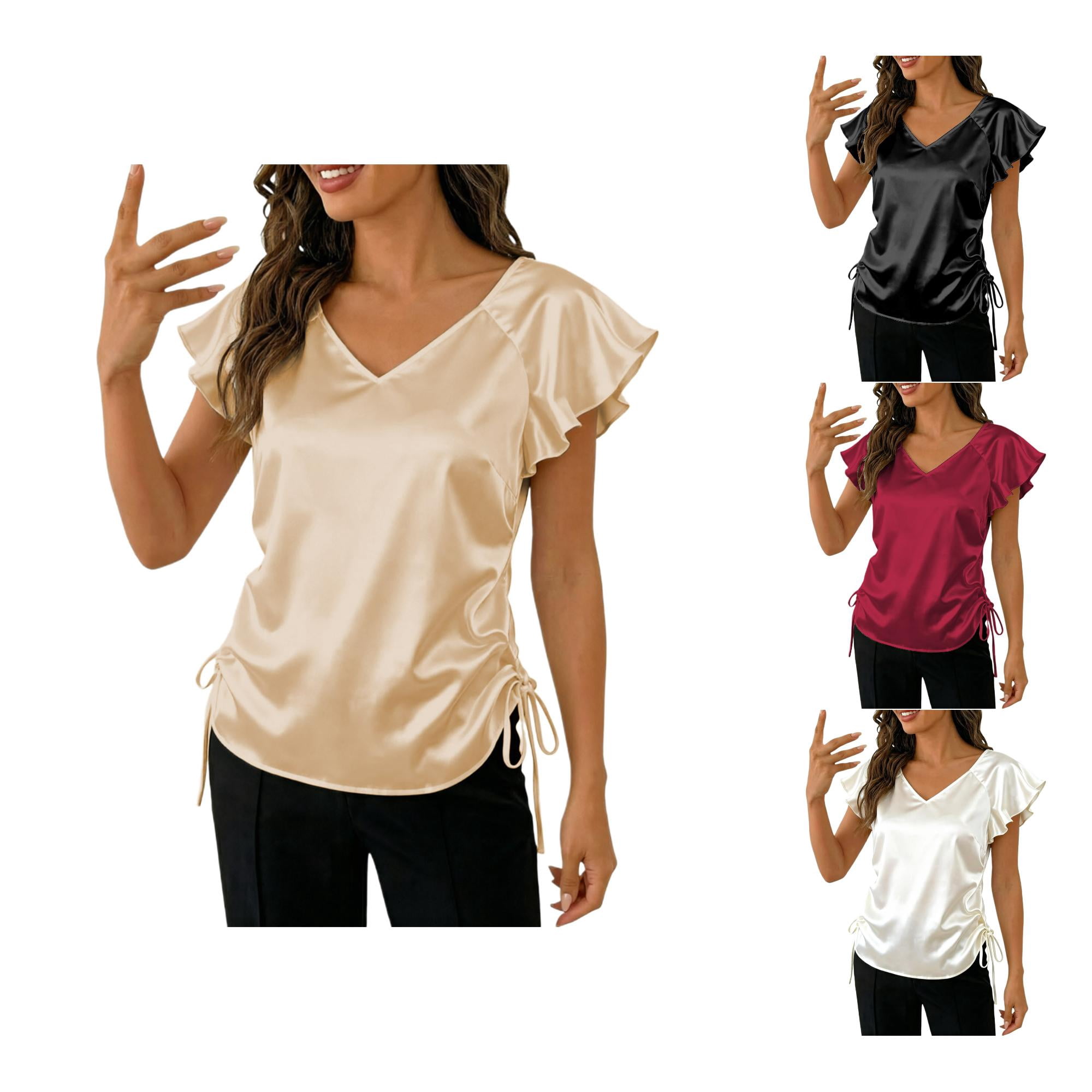 CUSTG Women Blouses Solid Color Summer Satin Ruffle Elegant V-Neck ...
