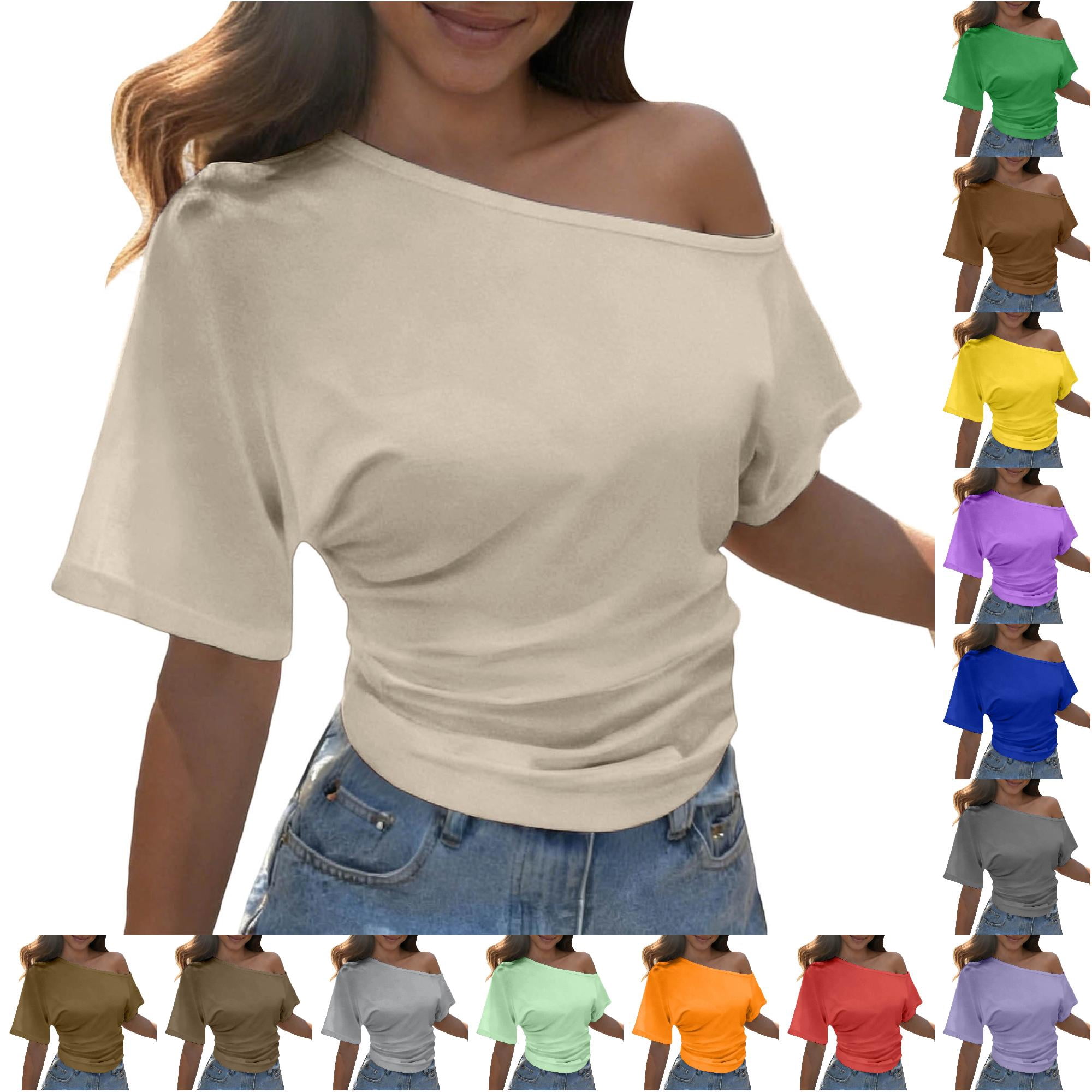 CUSTG Women Blouses Summer Smocked Solid Color Asymmetrical Shoulder ...