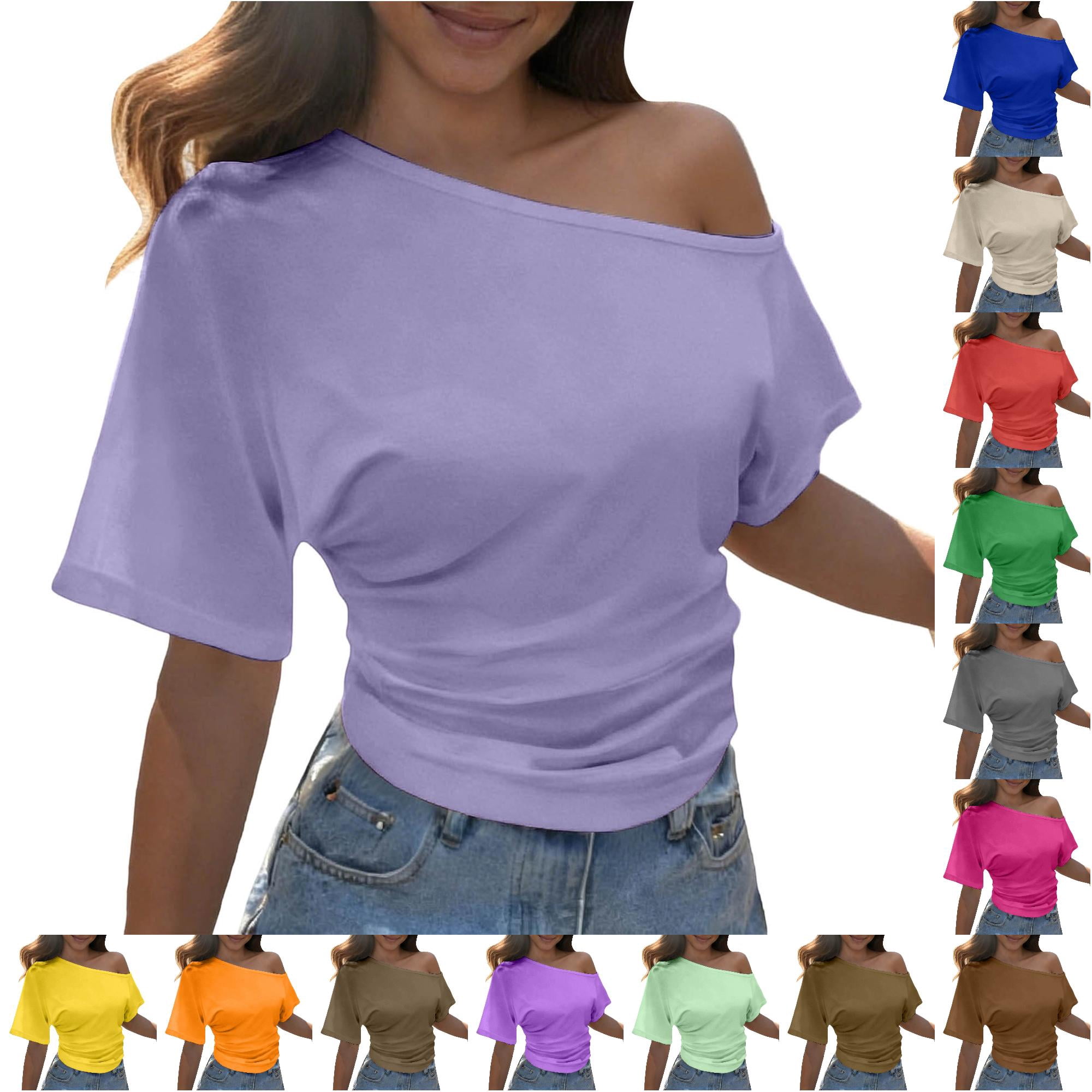 CUSTG Women Blouses Summer Smocked Solid Color Asymmetrical Shoulder ...