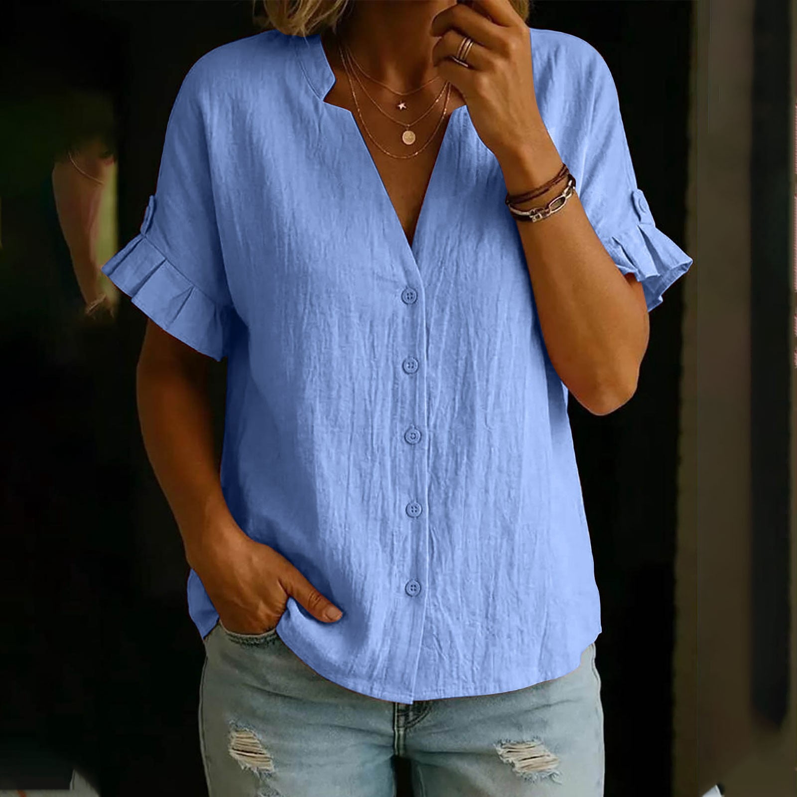 CUSTG Women Casual Blouses Simple Solid Color Ruffle V-Neck Short ...