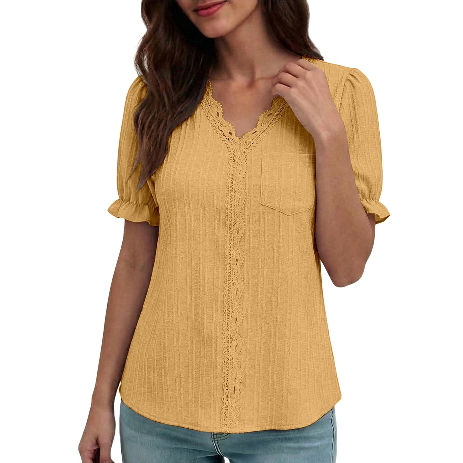 CUSTG Women Casual Blouses Simple V-Neck Solid Color Summer Short ...