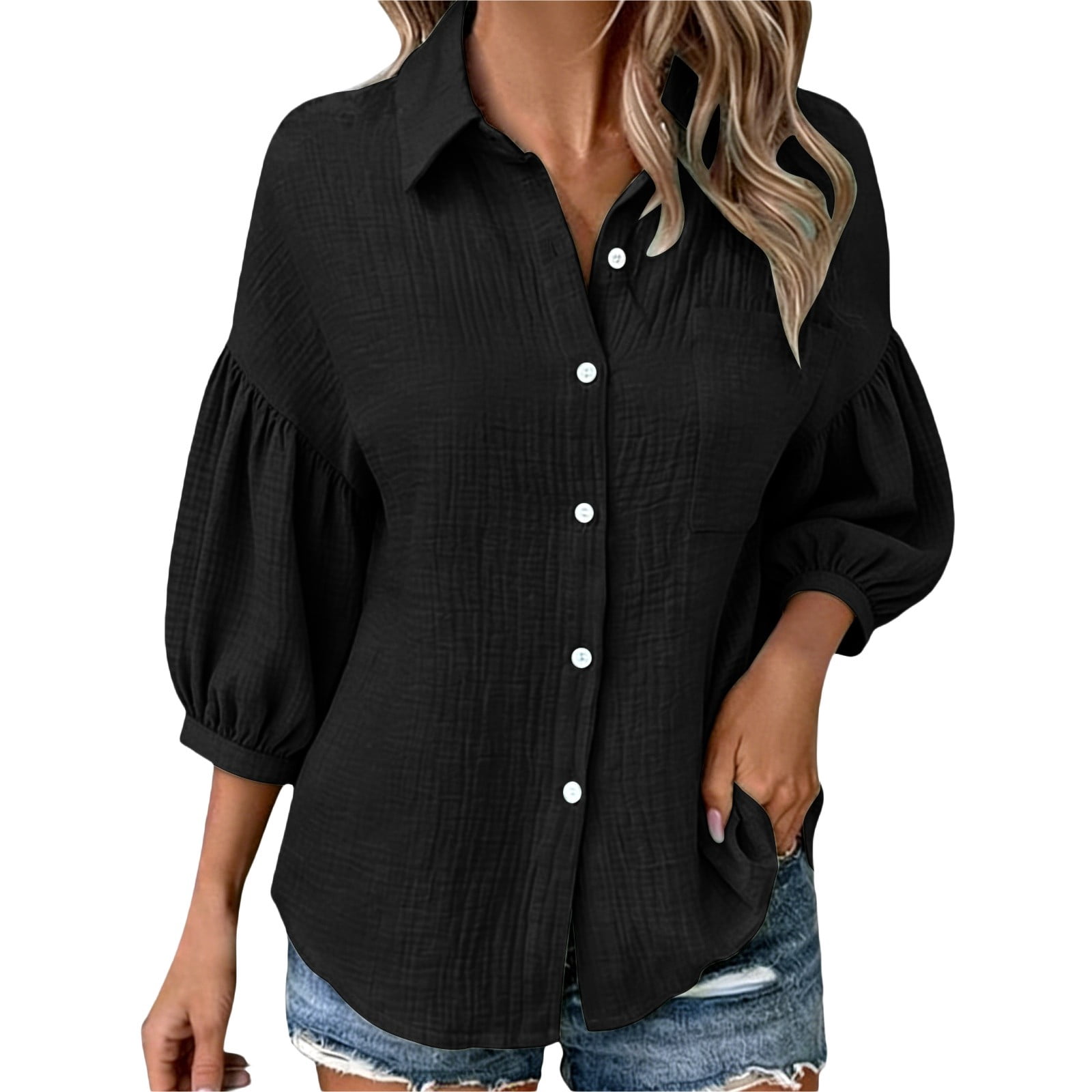 CUSTG Women Casual Blouses Summer Lapel Batwing Sleeve Button Down ...