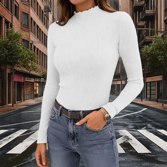 CUSTG Women Casual Blouses Summer Solid Color Fashion Semi Turtleneck ...
