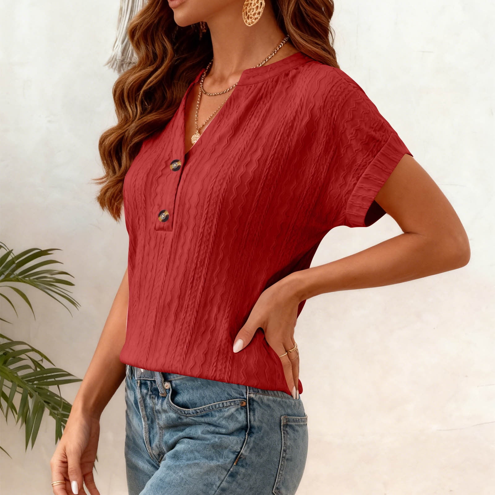 CUSTG Women Casual Shirts Simple Fashion Short Sleeve Button Down V ...