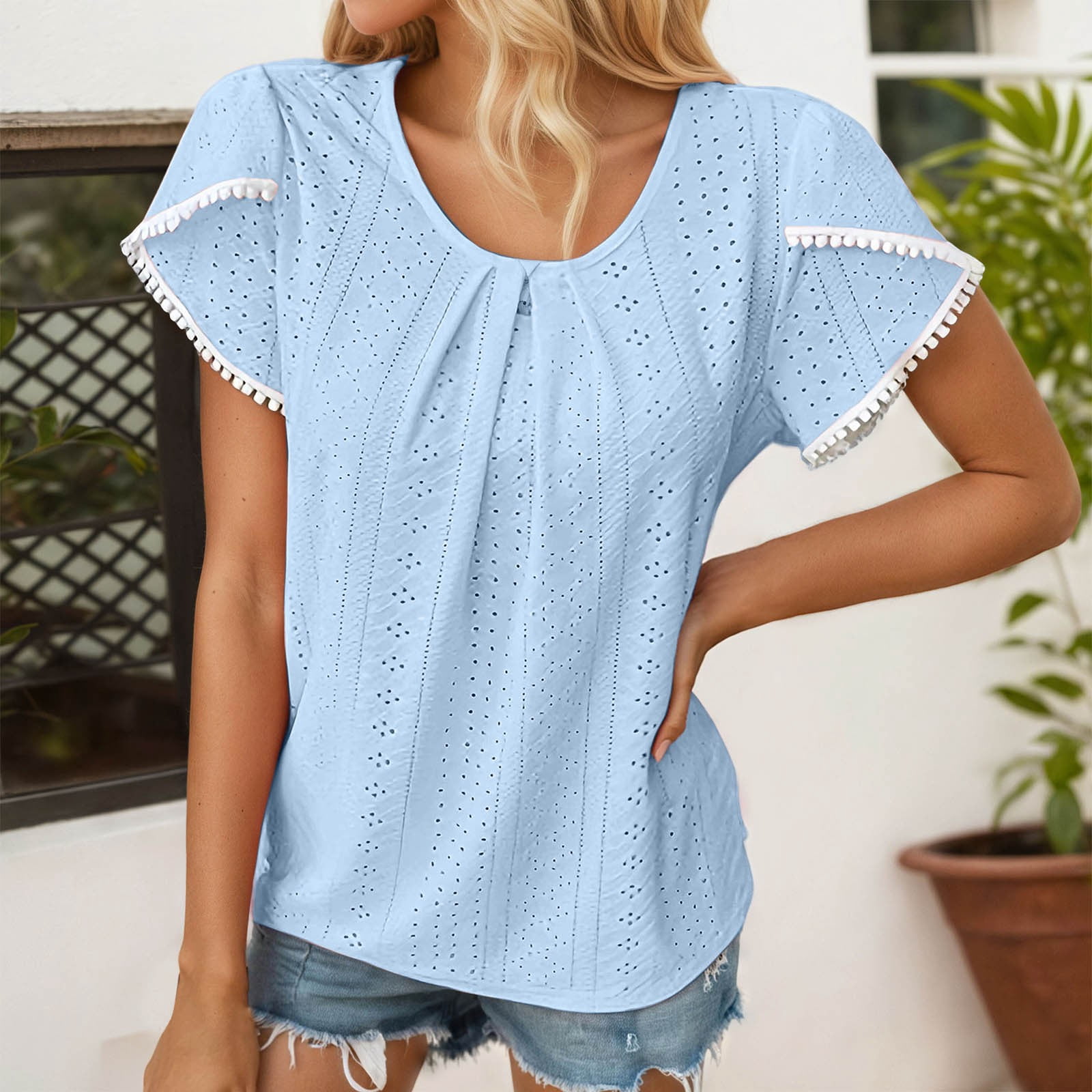 CUSTG Women Casual Shirts Simple Short Sleeve T Shirt With Ruffle ...