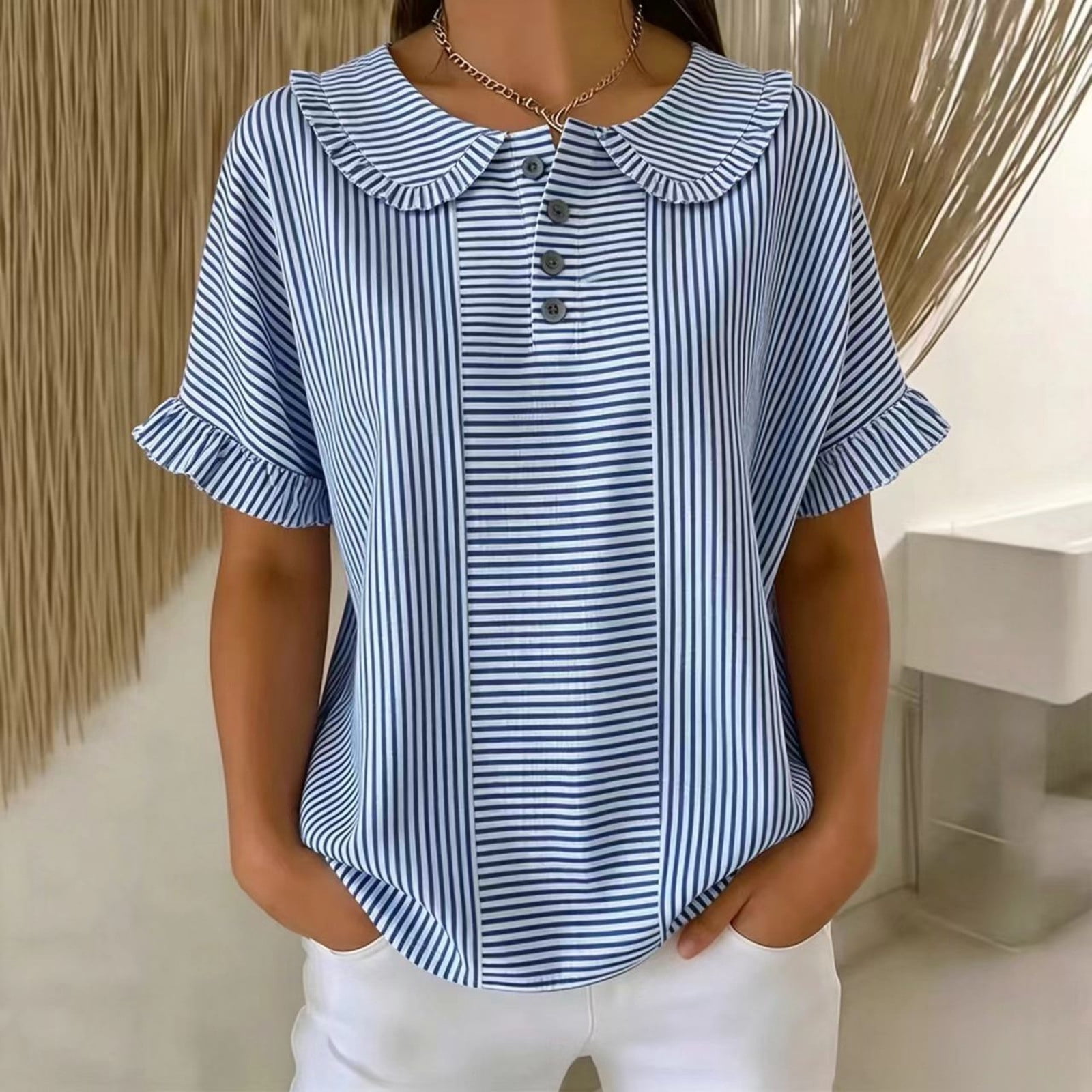 CUSTG Women Casual Shirts Simple Solid Color Button Down Loose Fit ...