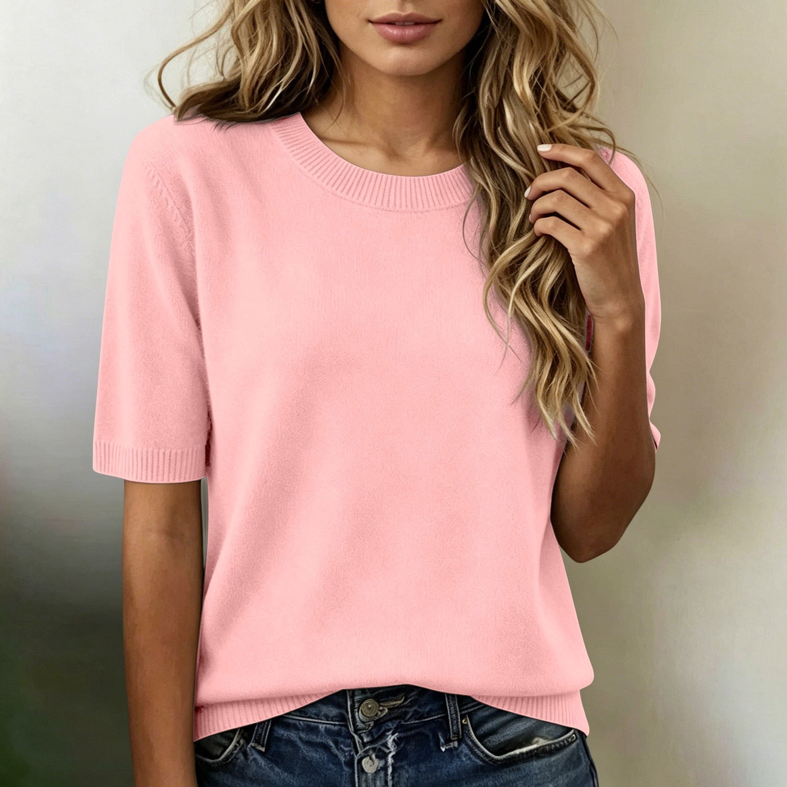 CUSTG Women Casual Shirts Simple Solid Color Fashion Crew Neck Knitted ...