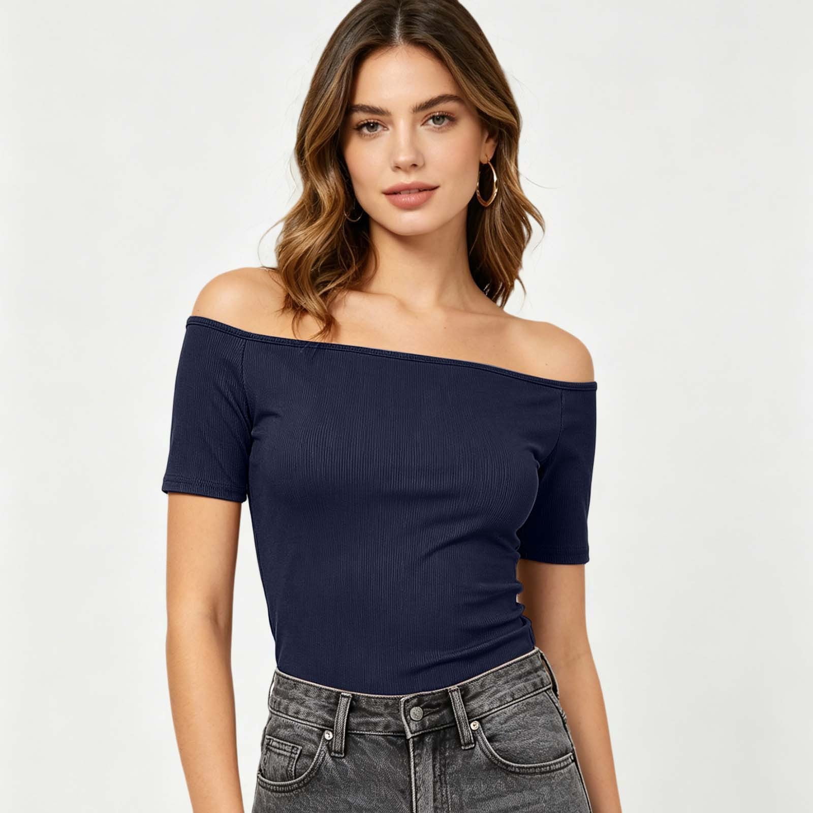CUSTG Women Casual Shirts Simple Solid Color Short Sleeve Off Shoulder ...