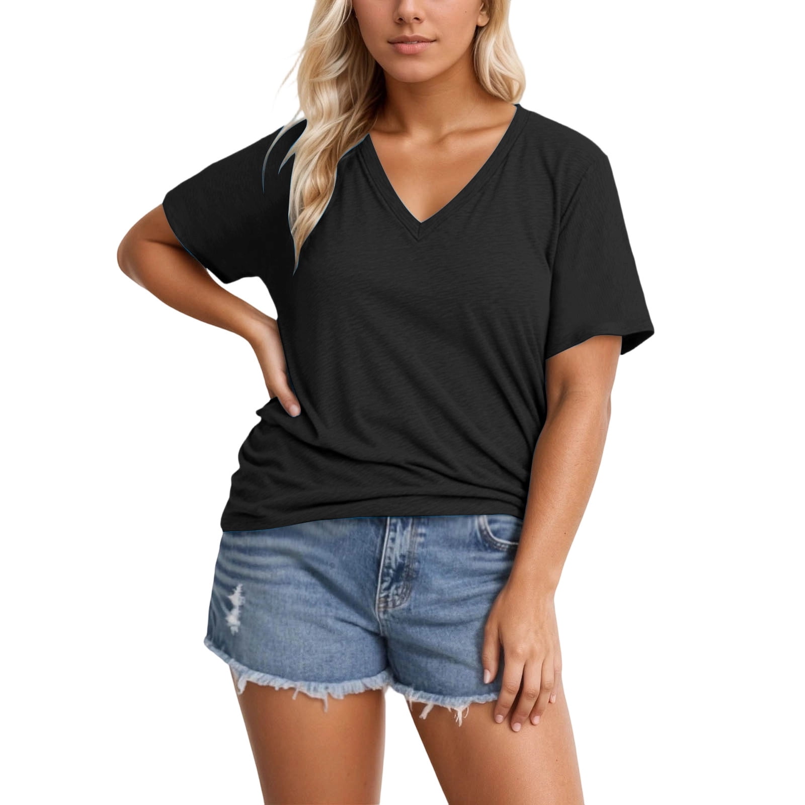 CUSTG Women Casual Shirts Simple Solid Color Summer Gradient V Neck ...