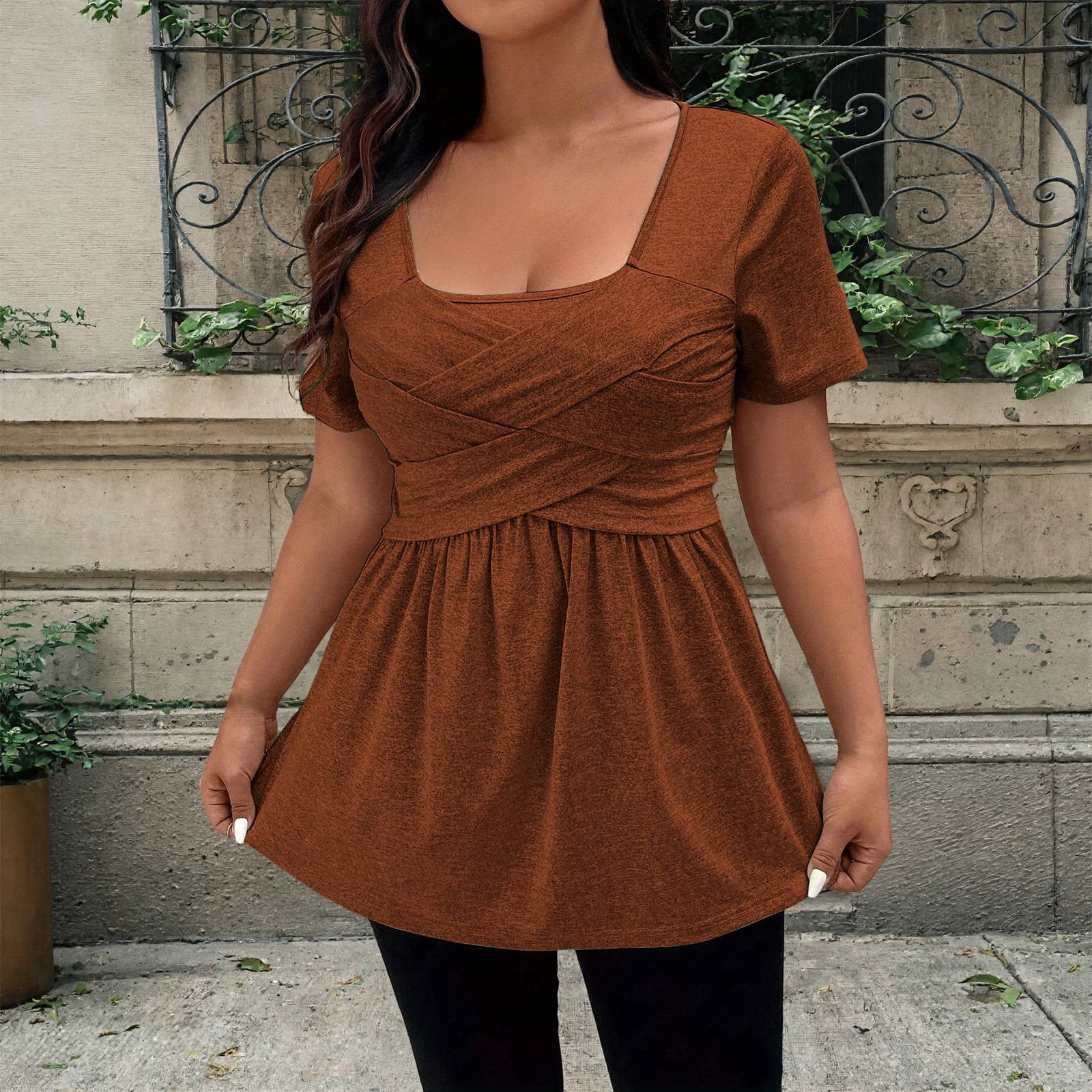 CUSTG Women Casual Shirts Simple Summer Short Sleeve Square Neck Tops ...